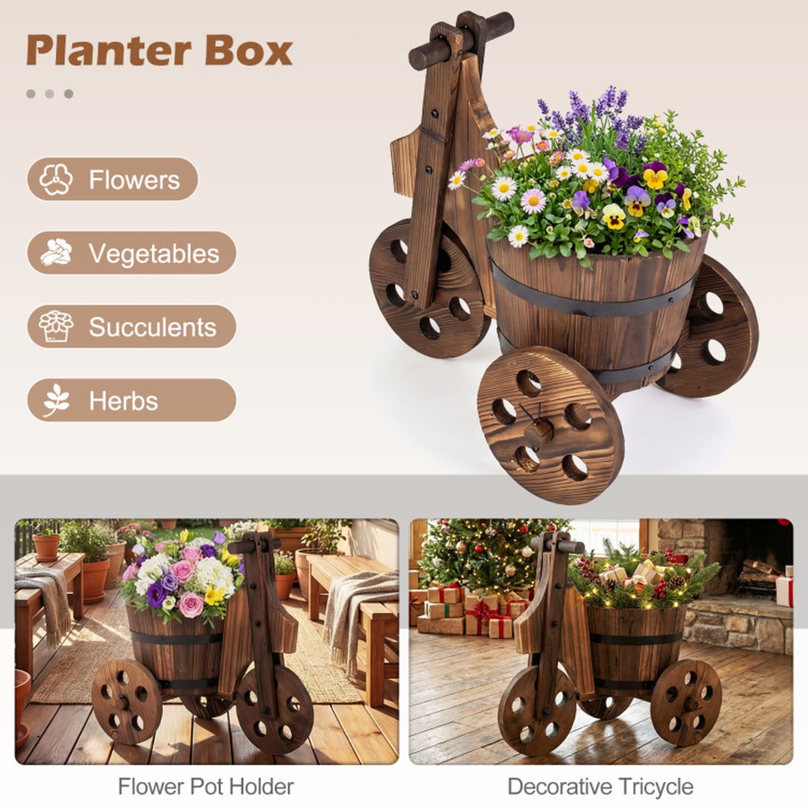 SUGIFT Rustic Wood Tricycle Planter Coffee 17.5-in Flower Pot Cart ...