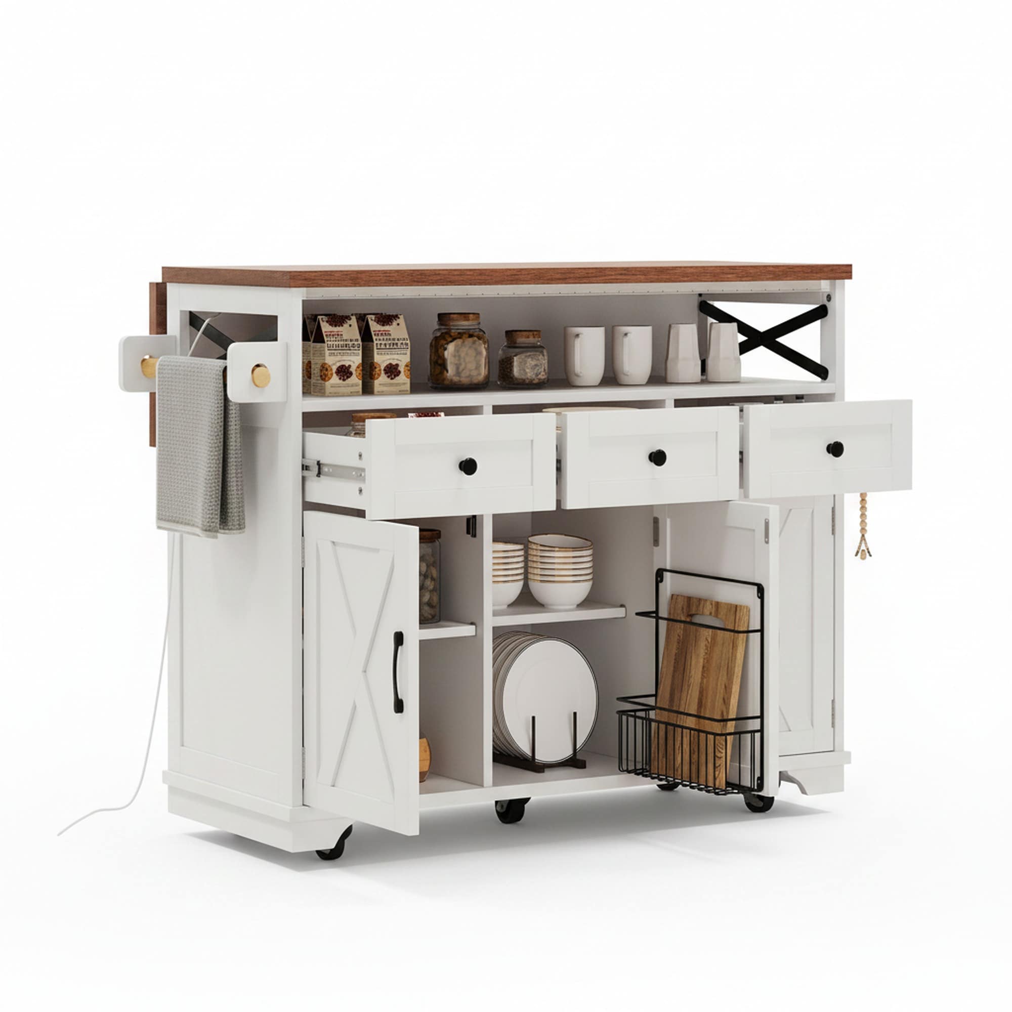 Boho Havens Kitchen Island Cart with Power Outlet Drop Leaf 3 Drawers 3 ...