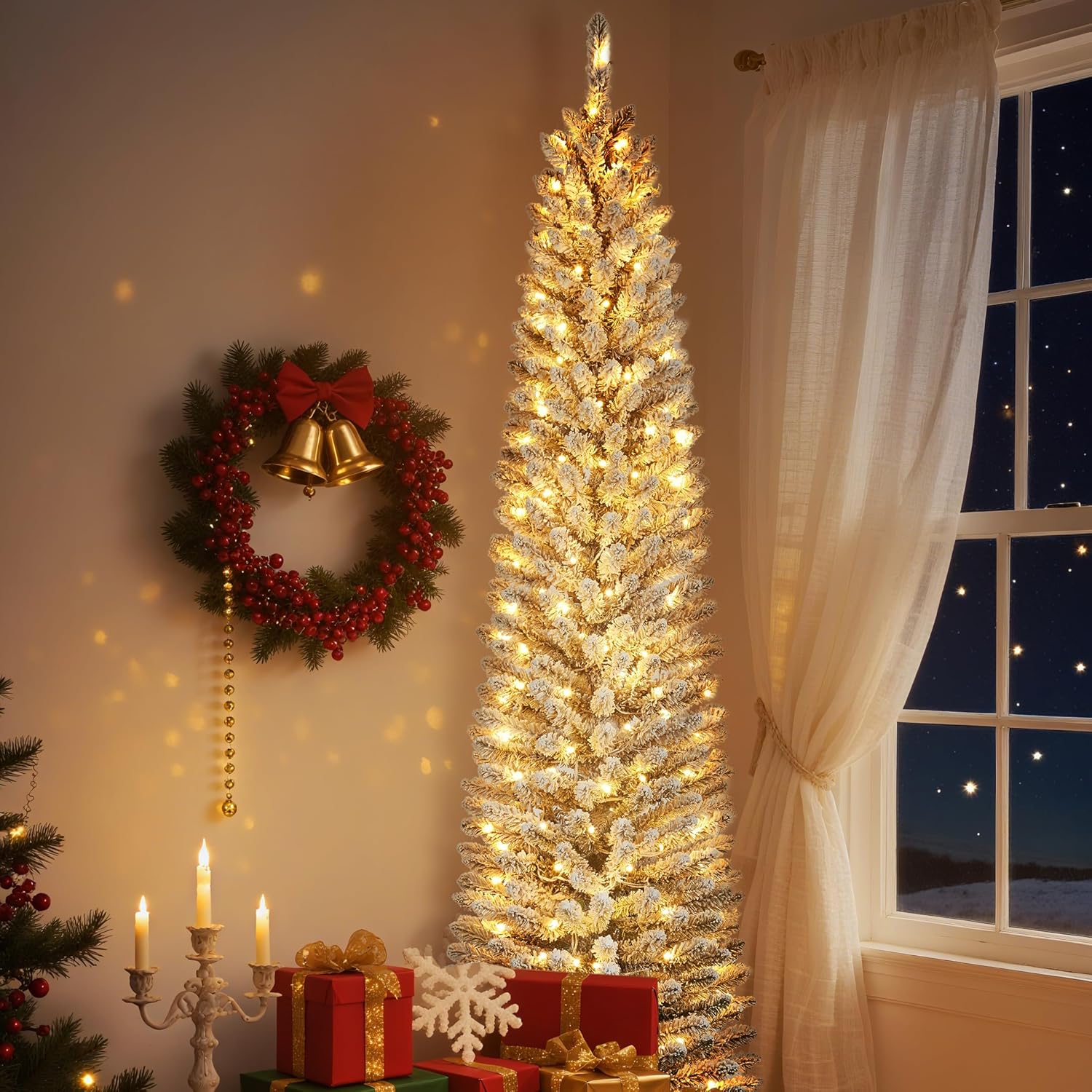 Qeetex 9 ft Prelit Flocked Pencil Christmas Tree with Lights Slim ...