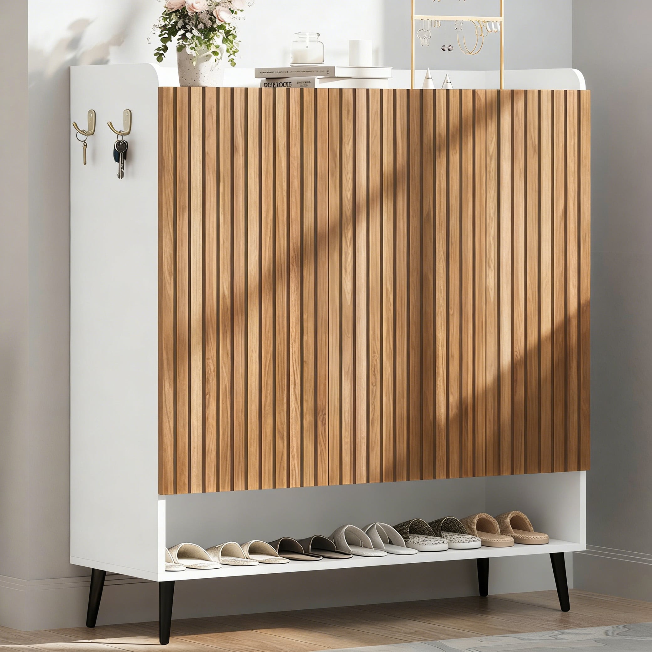 IdealHouse Modern Entryway Shoe Cabinet 3 Smooth Fluted Sliding Doors 6 ...