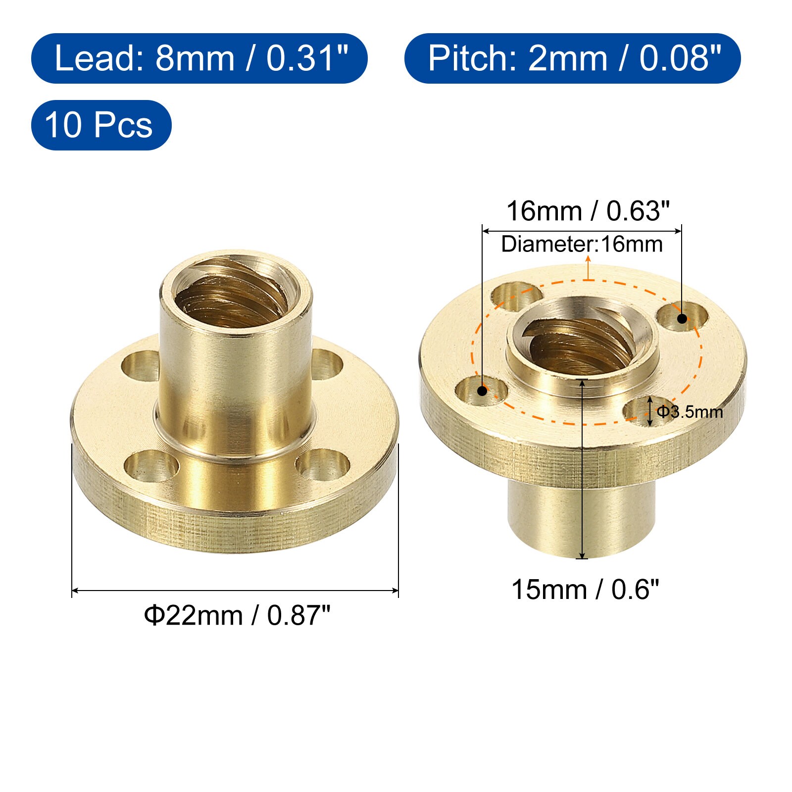 Unique Bargains 10pcs Tr8x8 Lead Screw Brass Nut Trapezoidal Nut Linear ...