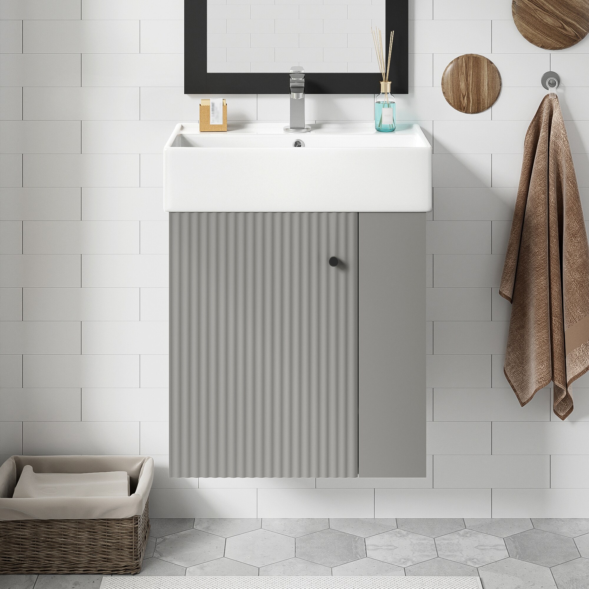 JEAREY 21.6 Inch Modern Floating Bathroom Vanity in Gray with Right ...