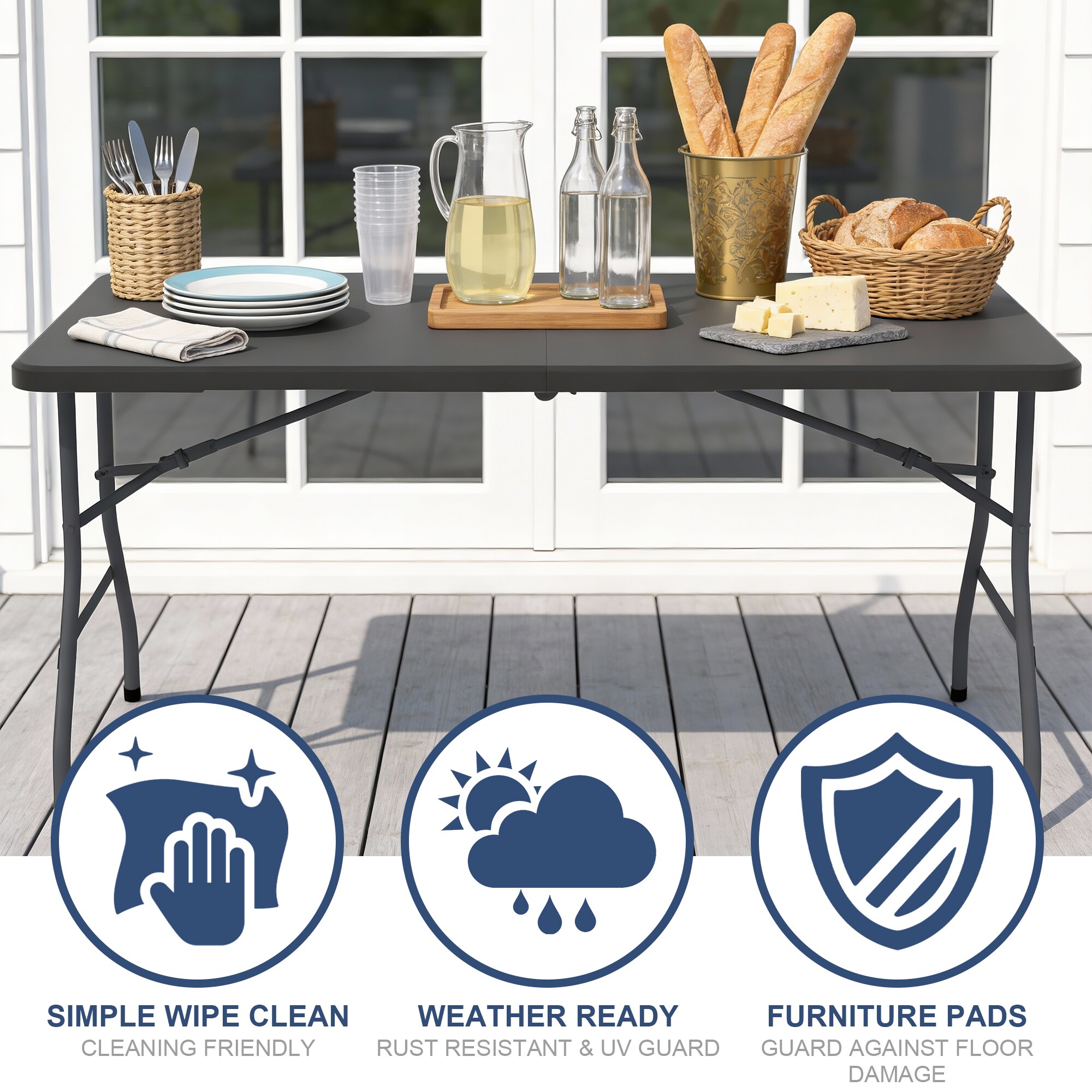 Yardgrace 5ft Folding Table Outdoor Dining Table Card Table Black ...