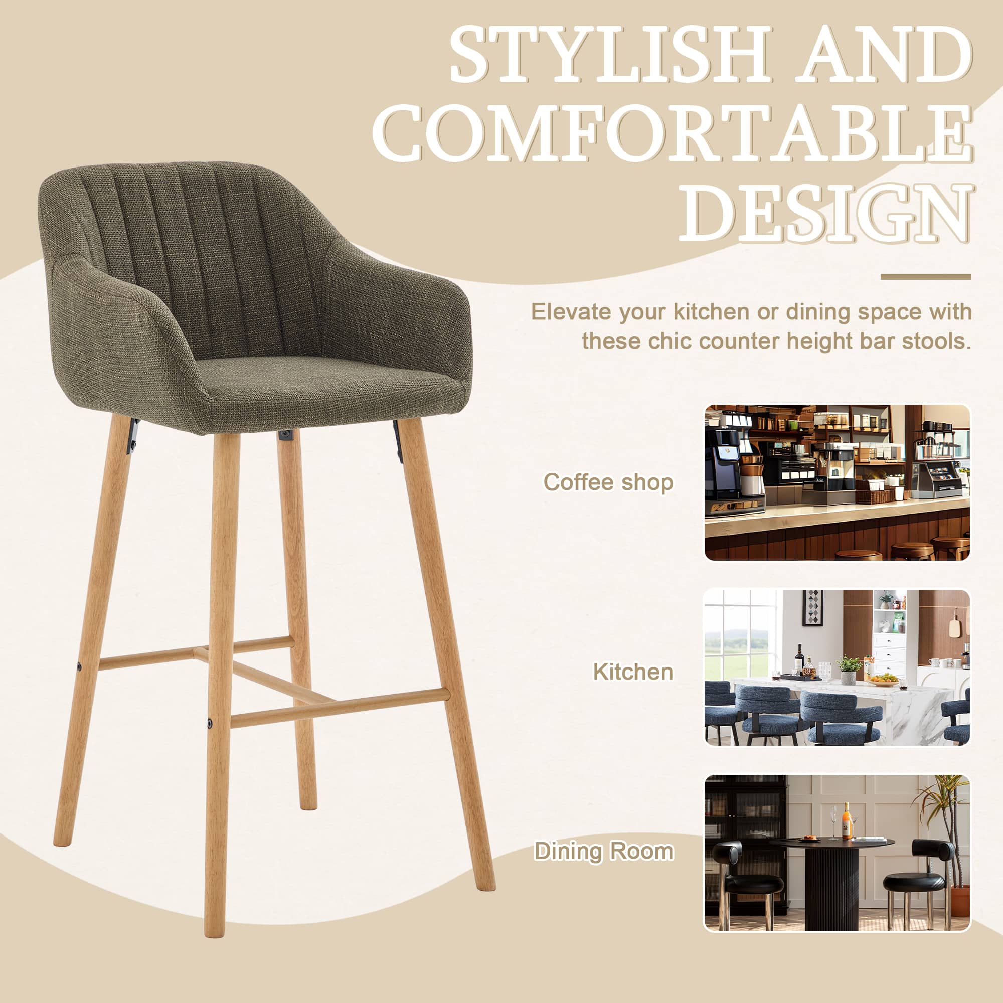 Vynxaria Modern Bar Stools Set of 2 Linen Fabric Upholstered with Back ...