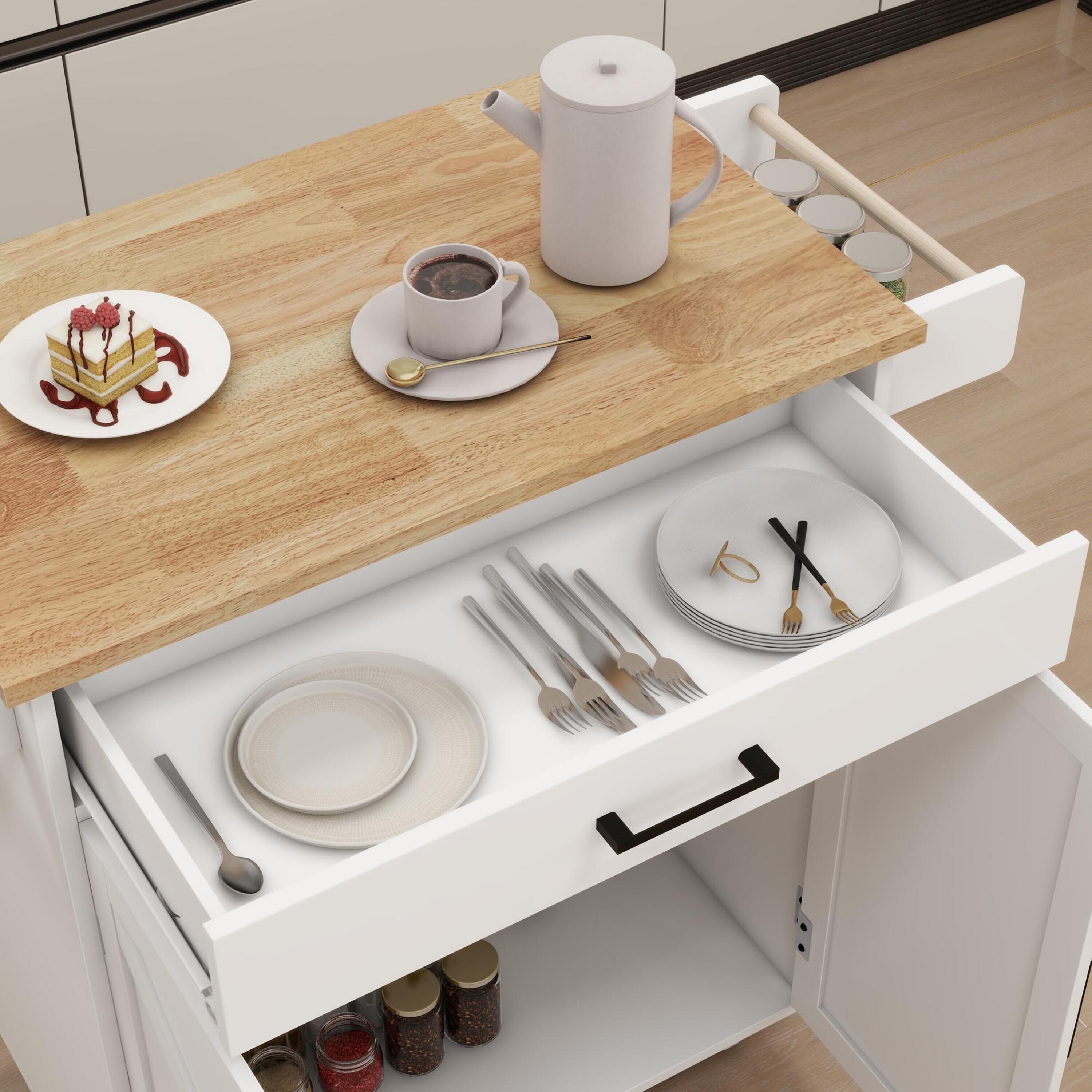 Miki Shinly White Wood Base with MDF Wood Top Rolling Kitchen Island ...
