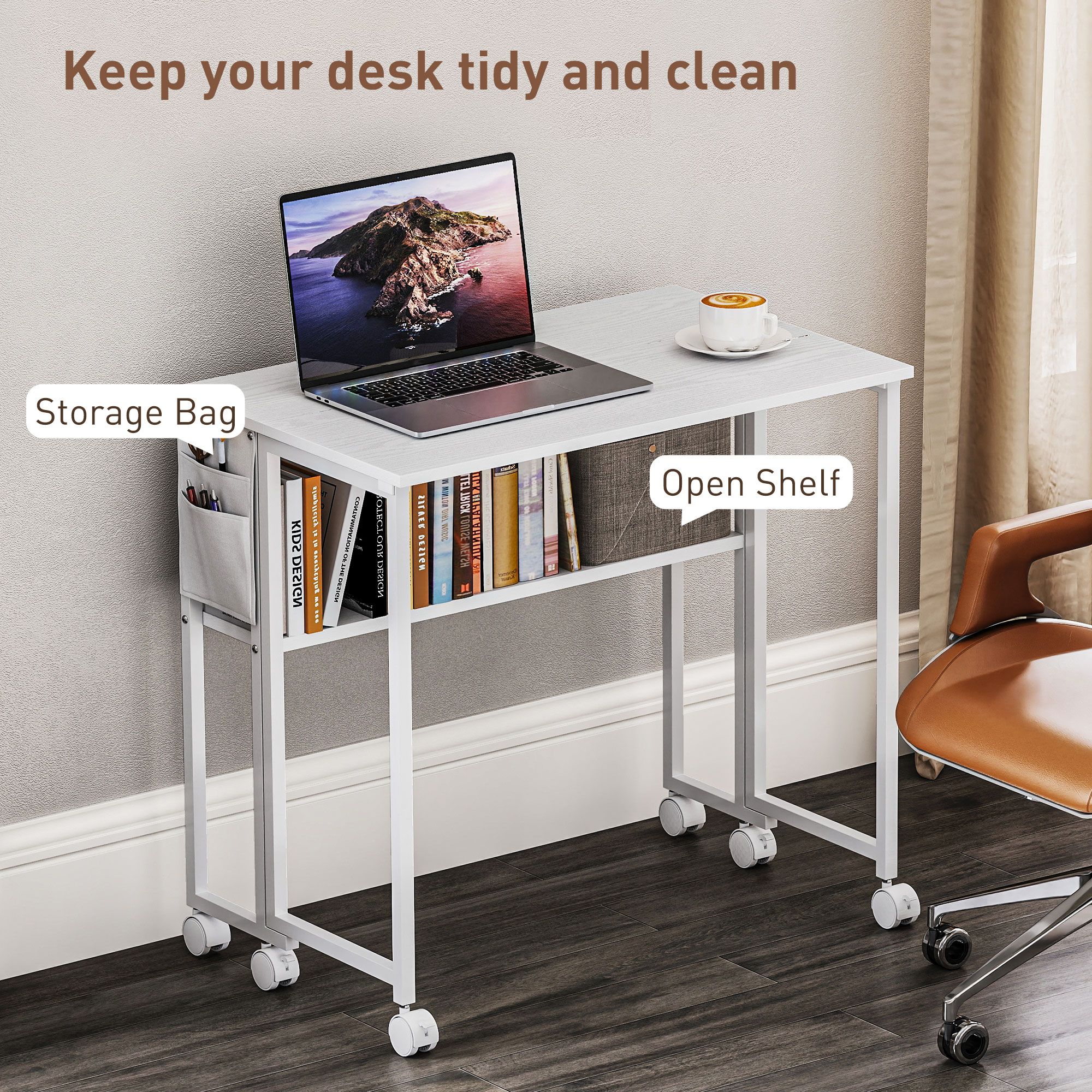 JUSHUA White Folding Computer Desk with Storage Bag Shelf and Wheels ...