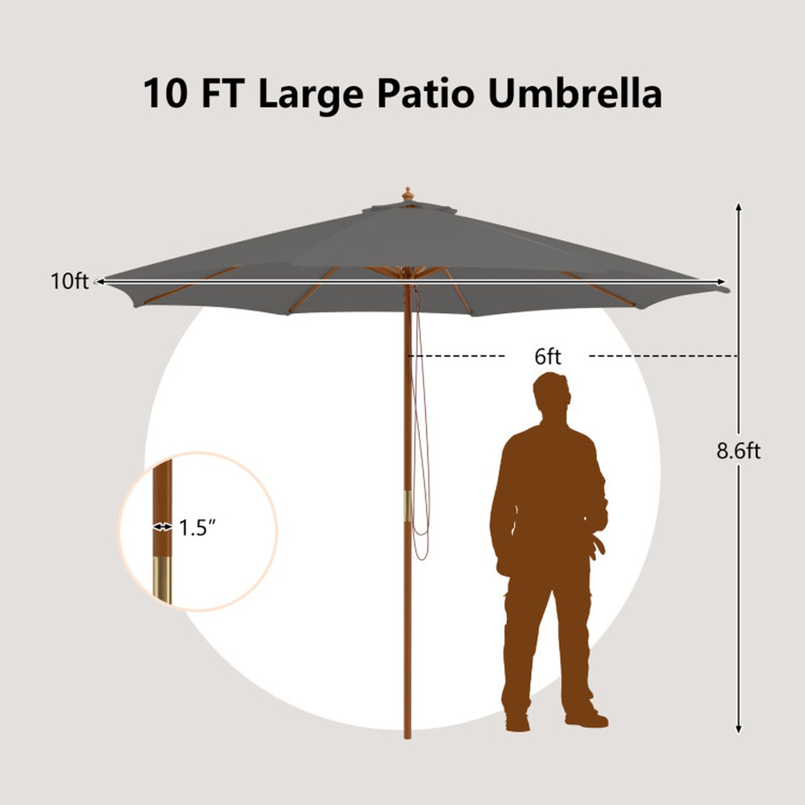 SUGIFT Gray 10-ft Patio Umbrella 8 Bamboo Ribs Rope Pulley 3 Adjustable ...