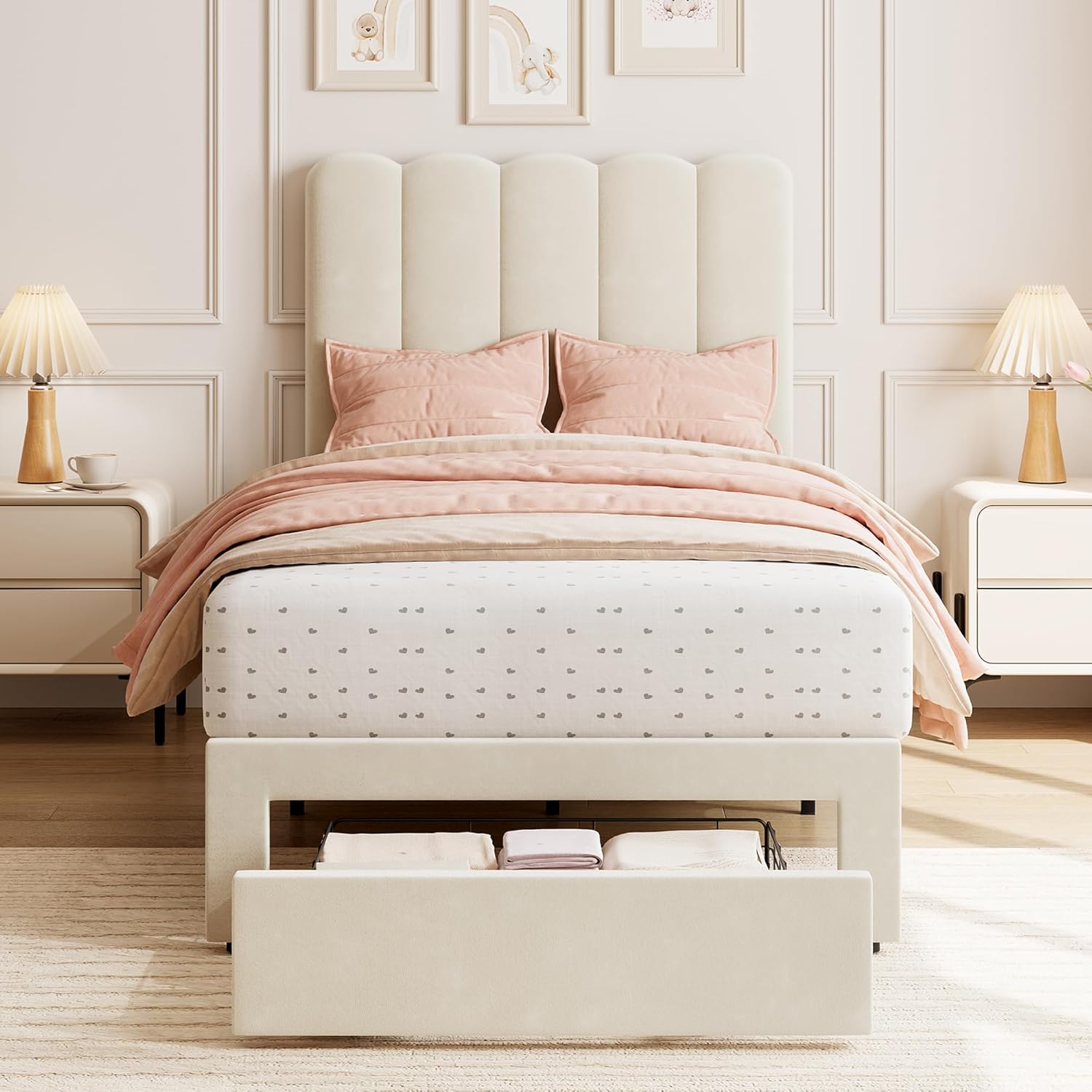 Garvee 2 Sets Twin Bed Frame with Under-Bed Drawer Upholstered Platform ...