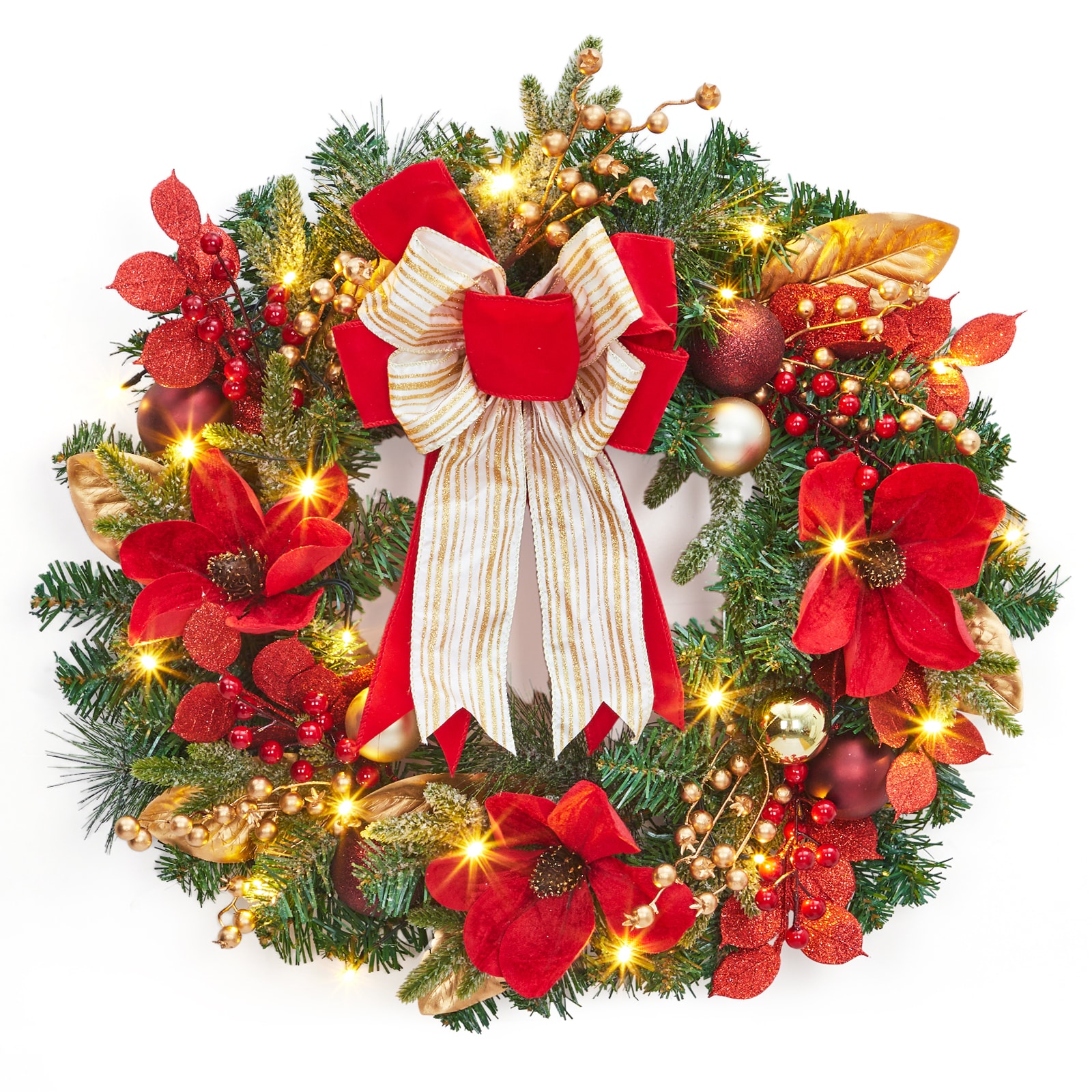 Garvee 24 Inch Pre-Lit Artificial Fir Christmas Wreath with Large Bow ...
