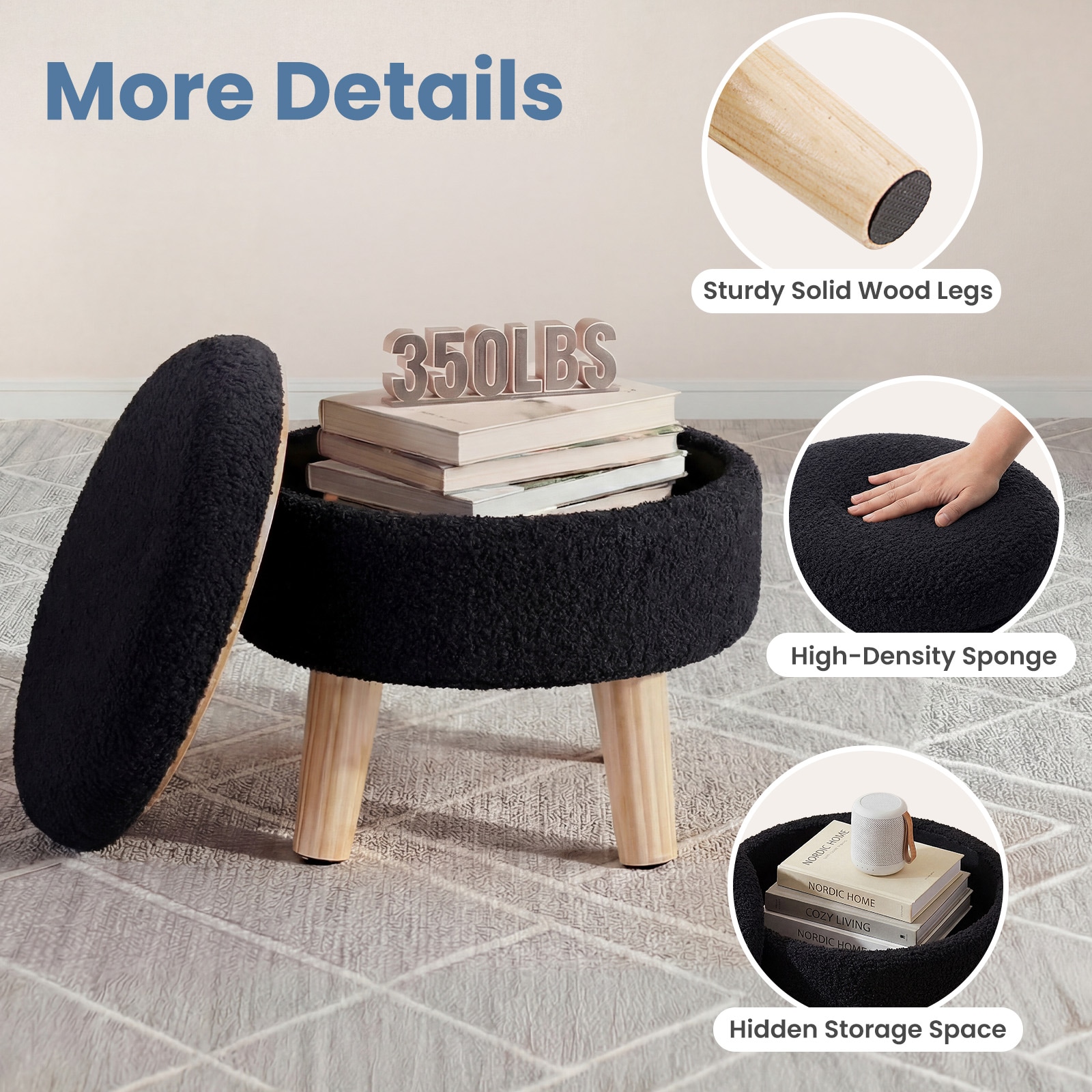 Sweetcrispy Modern Round Teddy Fleece Storage Ottoman Stool with Wood ...