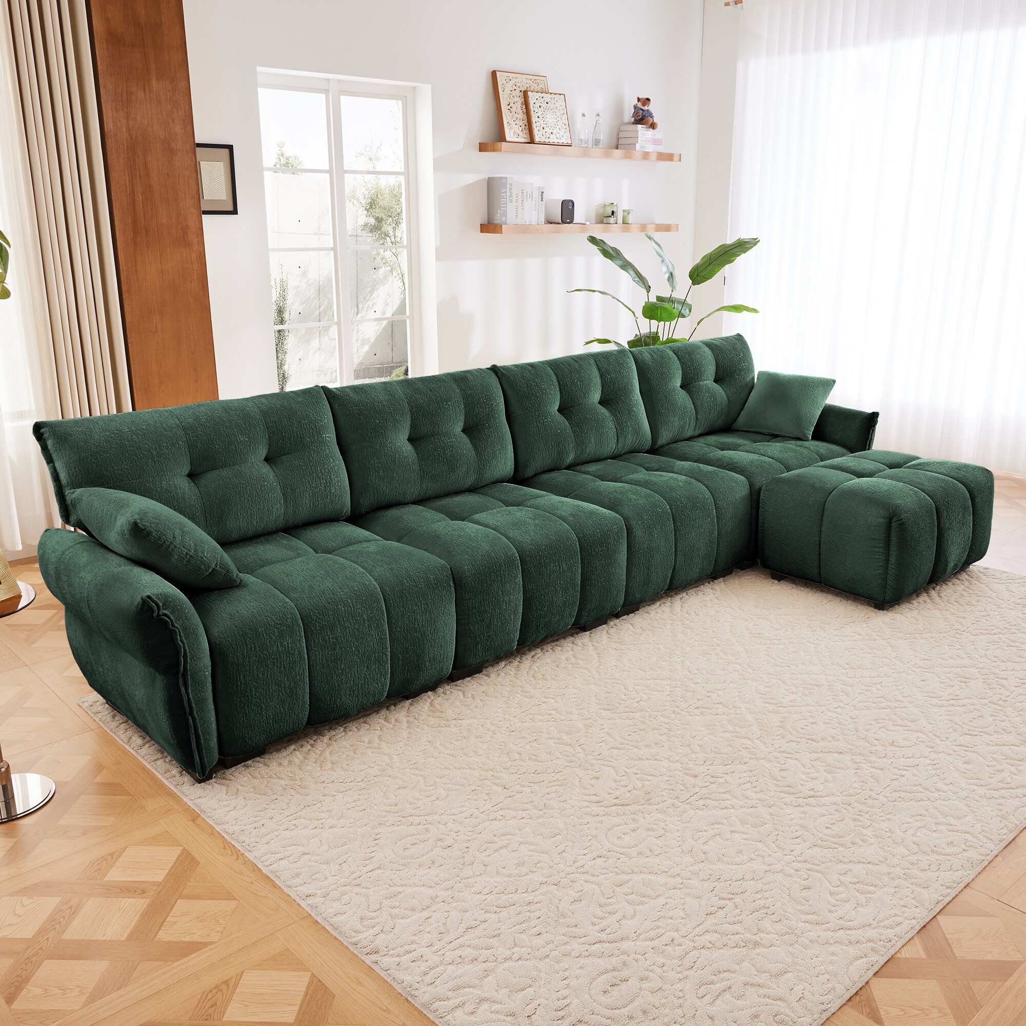 LOVMOR Modular Tufted Ottoman Chenille Green Footrest for Living Room ...