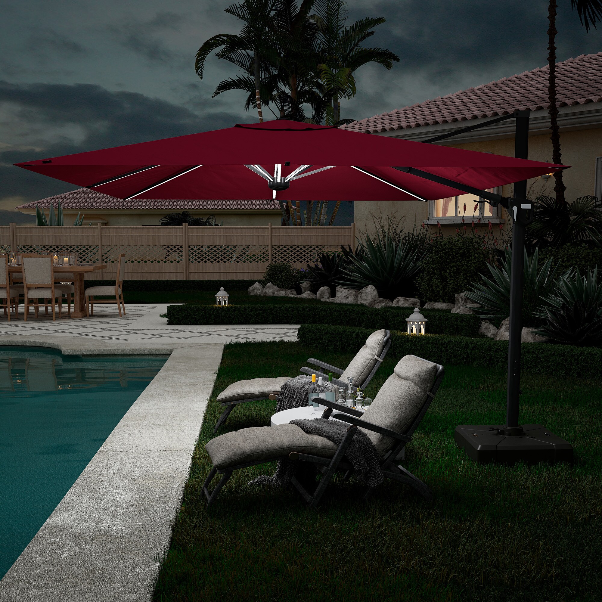 Watnature 11FT Square Cantilever Patio Umbrella with LED Light in Red ...