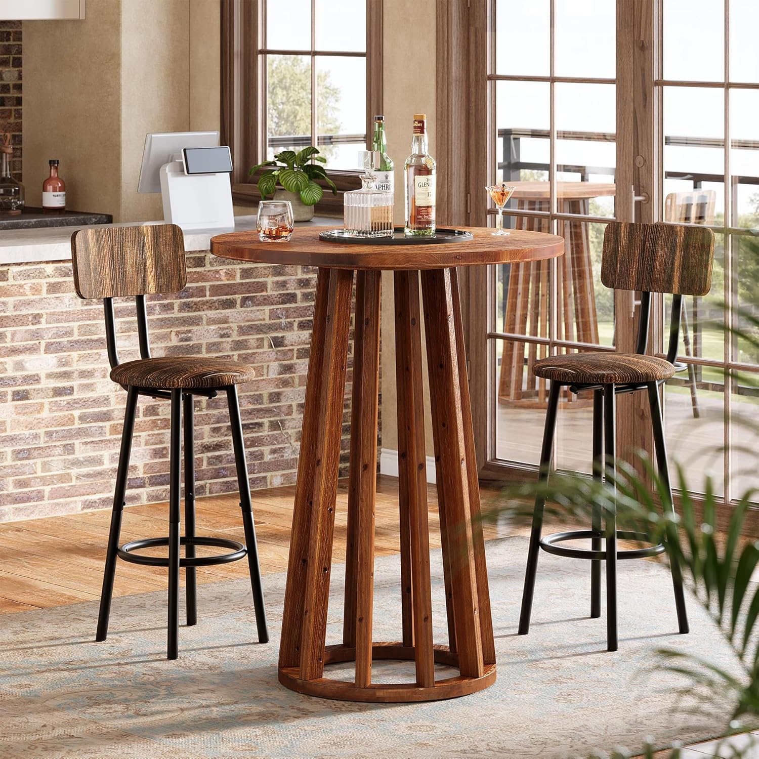 LITTLE TREE Brown Round Bar Table 37.6-Inch High Farmhouse Wooden ...