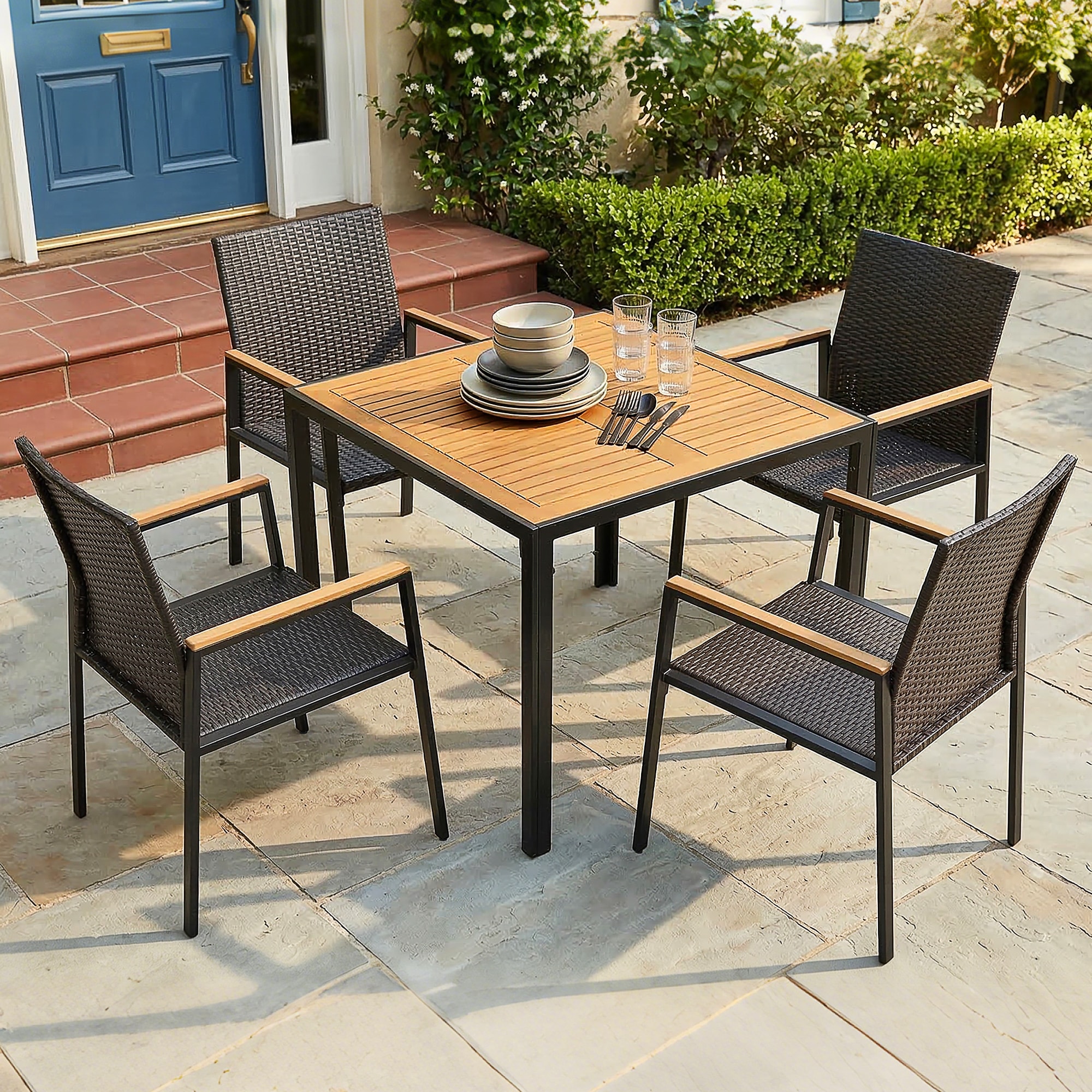 Nuu Garden 5 -Piece Black Wicker Patio Dining Set Wood Square Table ...