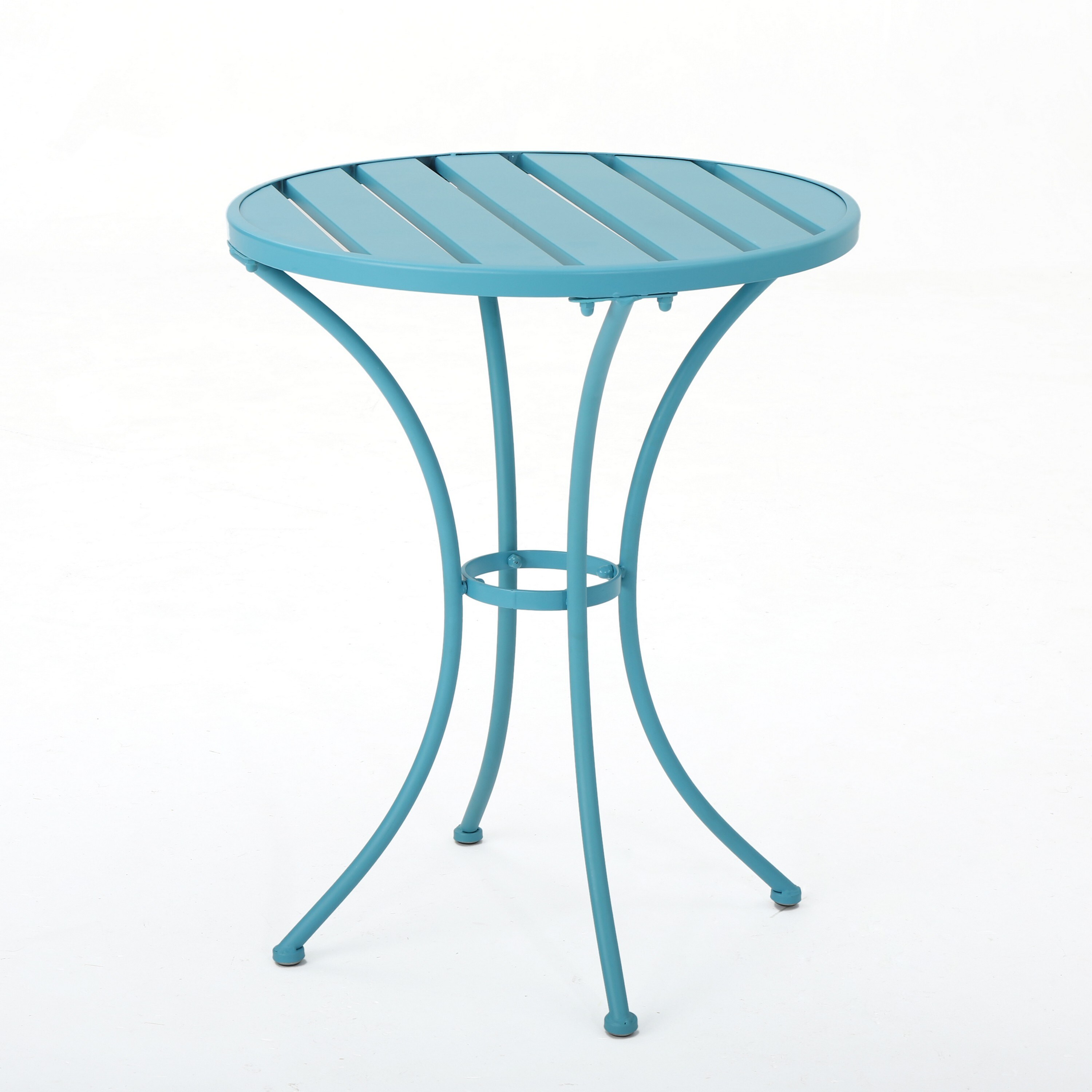 Benzara Rune Outdoor Bistro Table Set 2 Chairs Round Slatted Teal Blue ...