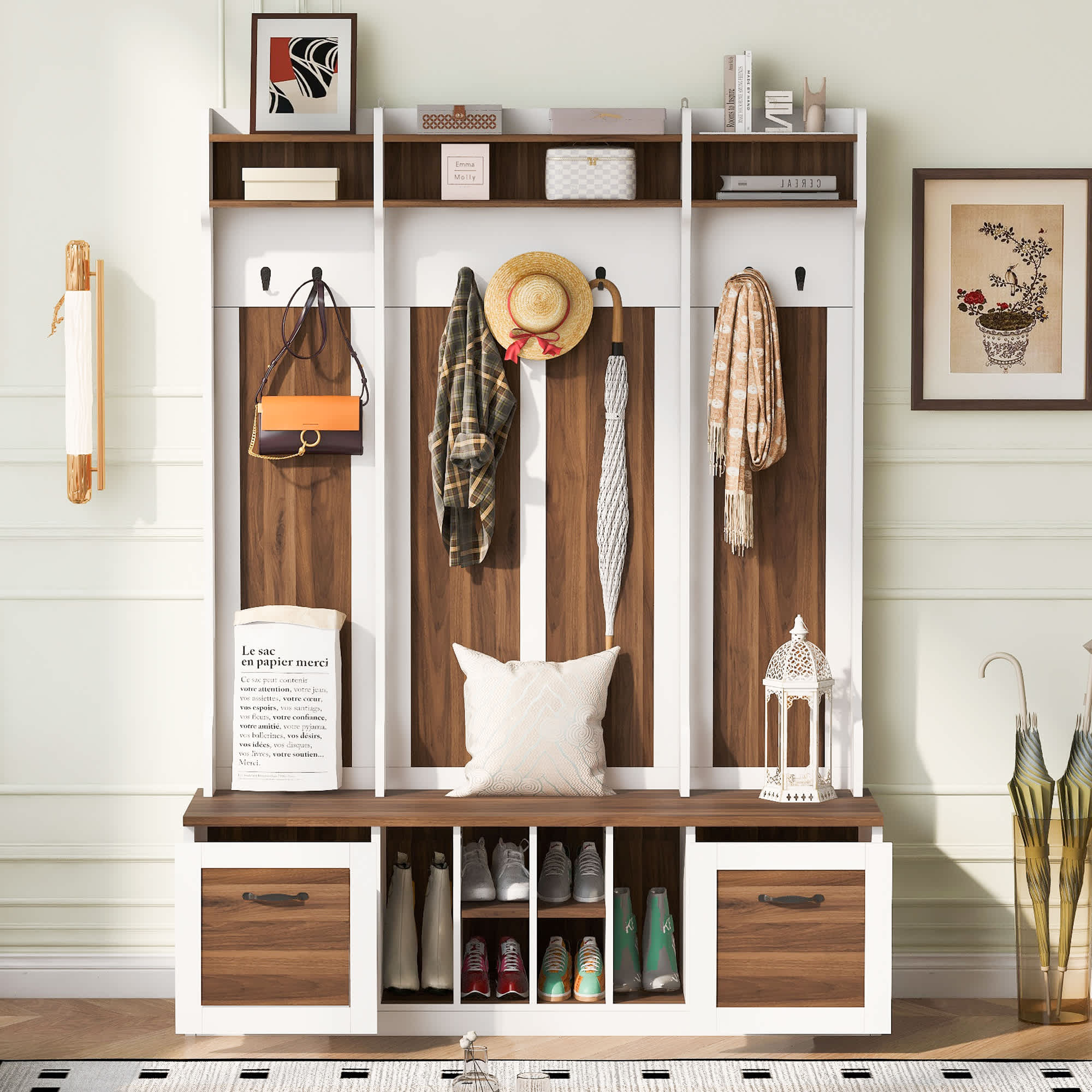 Etokfoks 5 in 1 Entryway Bench with Coat Rack 7 Sturdy Hooks 2 Spacious ...