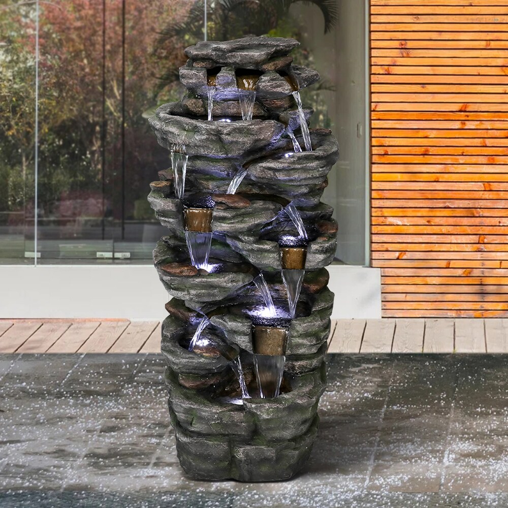 SunJet 47in High 6 Tiers Cascading Rock Outdoor Water Fountain with LED ...