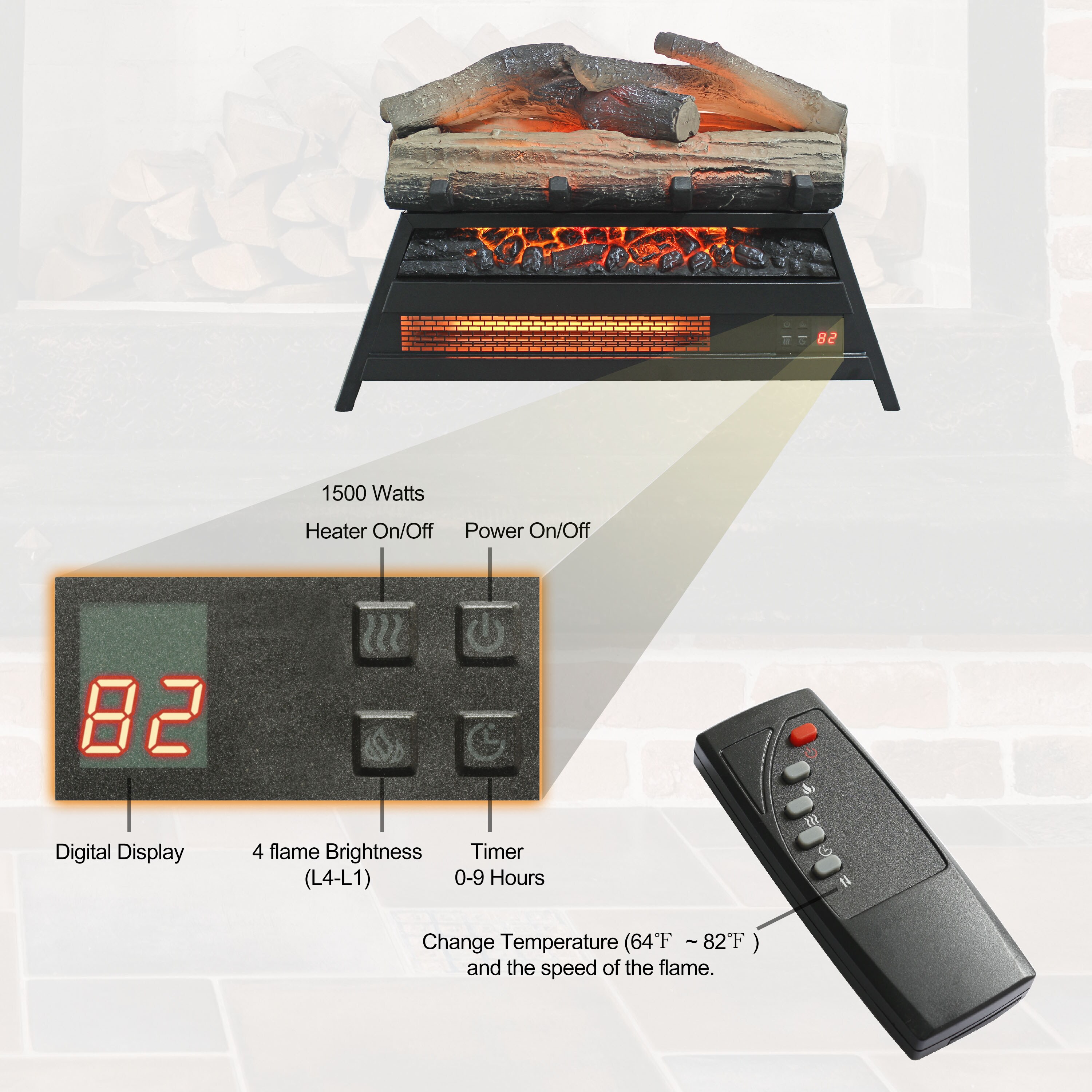Dimakai Black Electric Fireplace Insert 23 Inch 3D Log Set Infrared ...