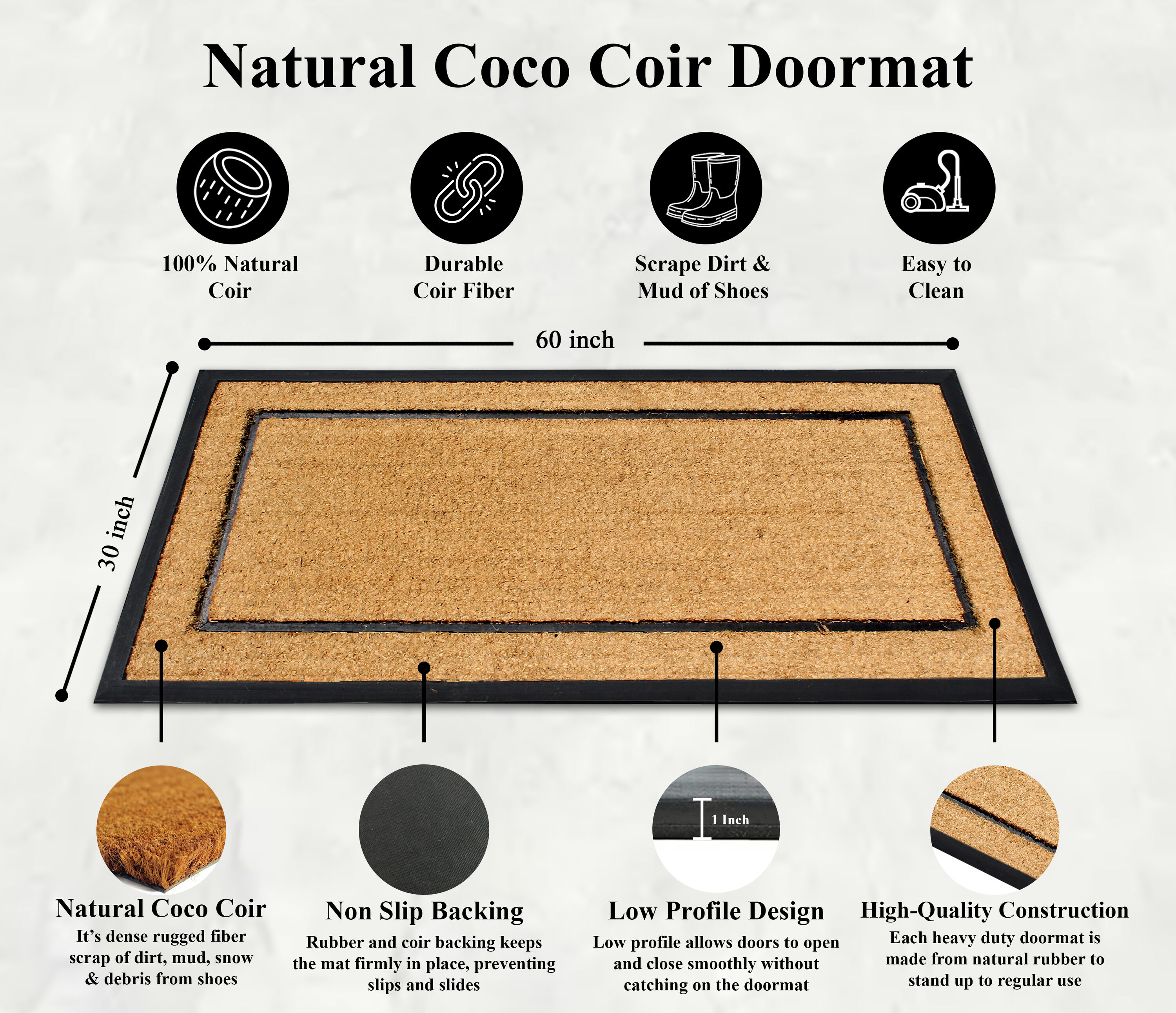 A1 Home Collections Natural Coir and Rubber Door Mat 30-in x 60-in ...