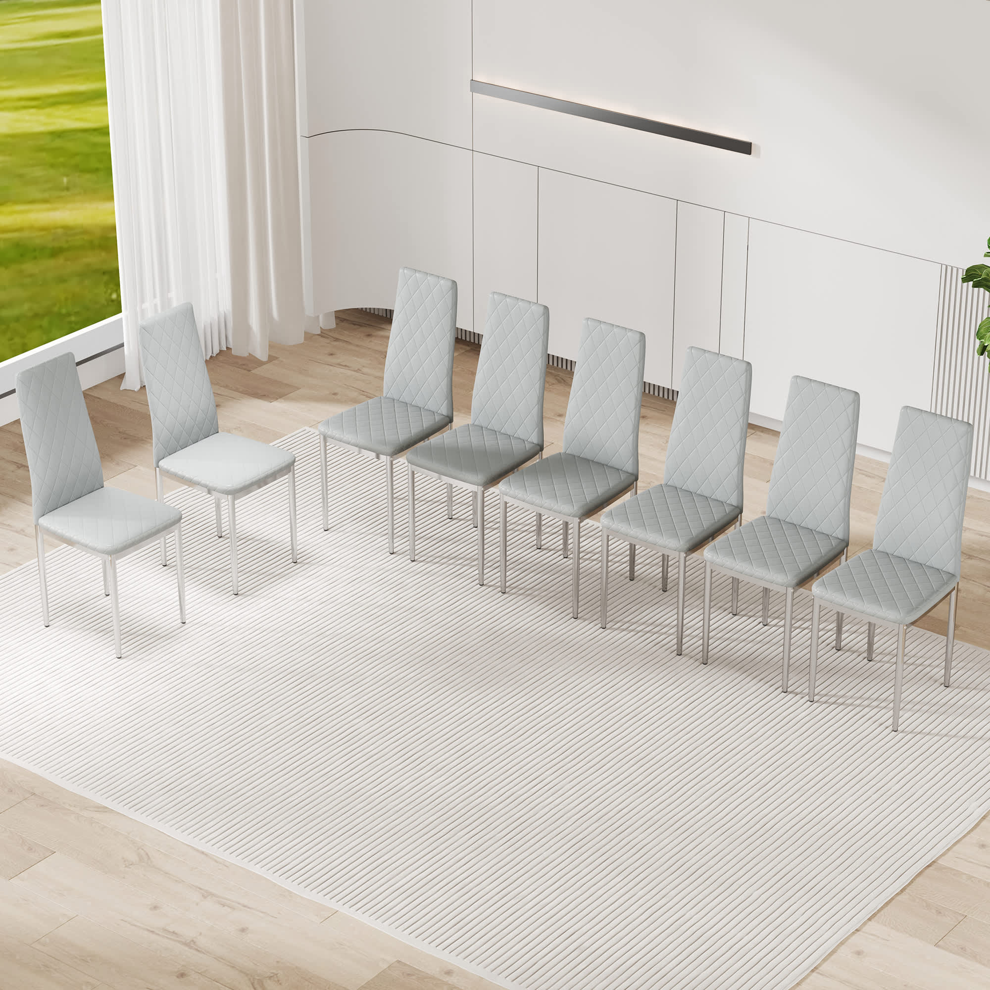 Vynxaria 8 Set Light Gray Faux Leather High Back Diamond Quilted Chairs ...