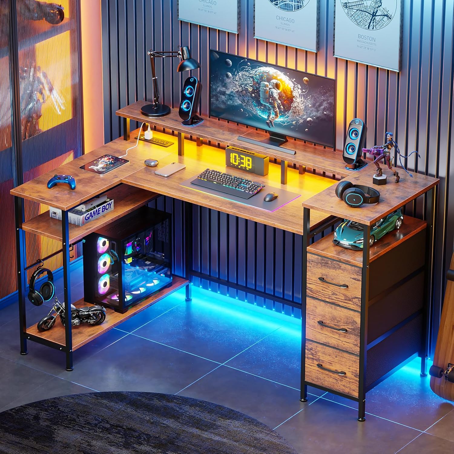 Furologee 55 Inch L Shaped Gaming Desk with Power Outlets and LED ...