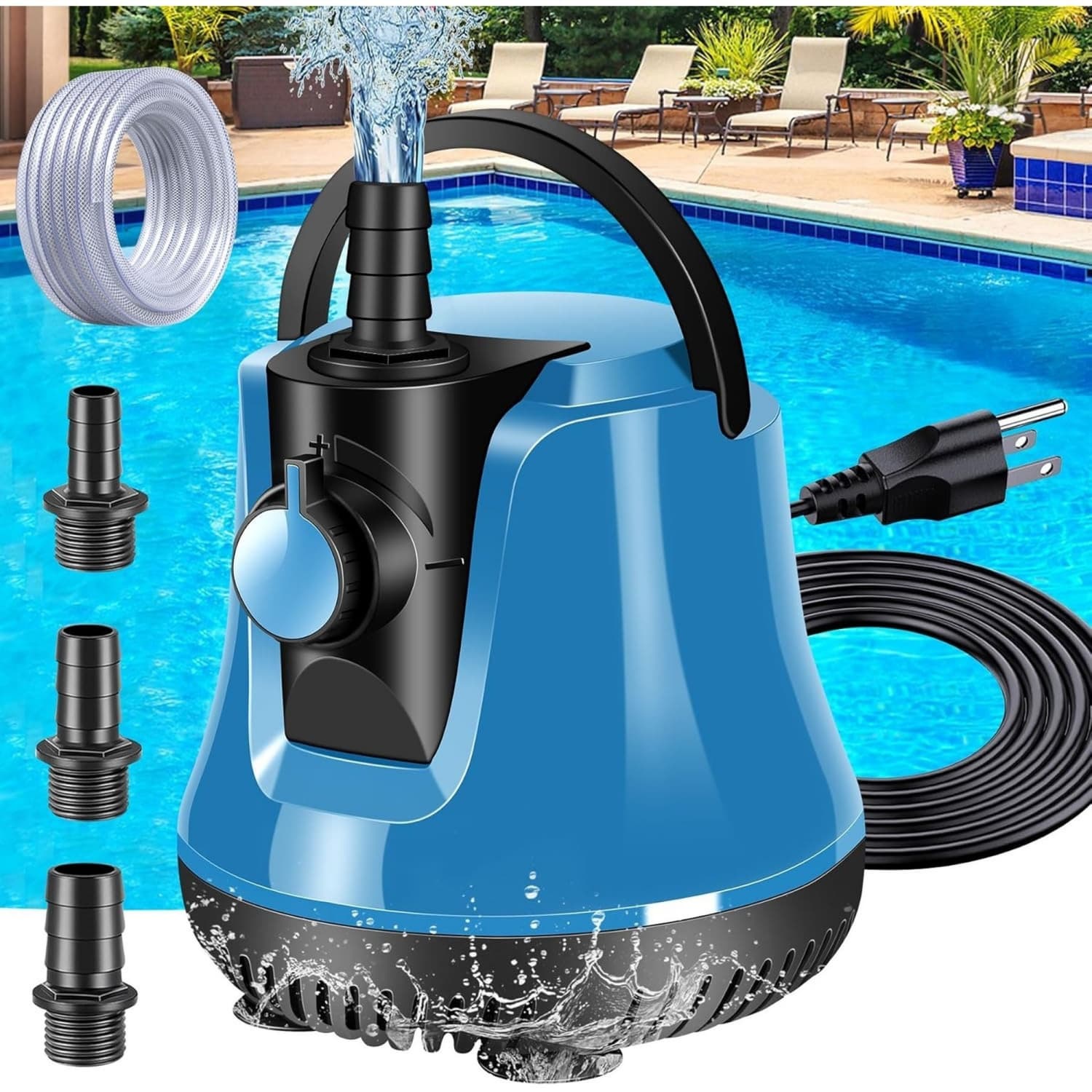 OGETFUUR Adjustable Flow Blue Submersible Water Pump with 10ft Drainage ...