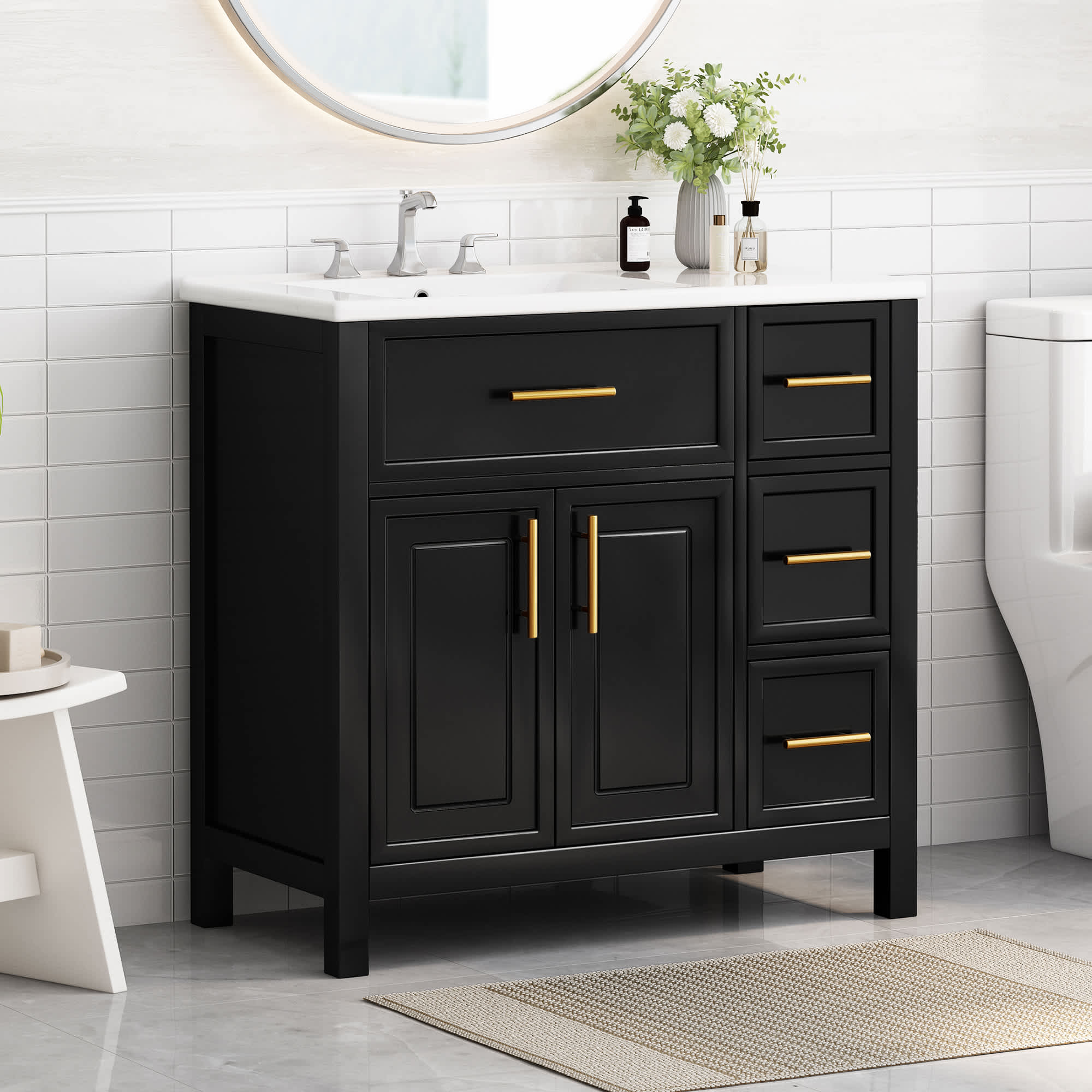 Vynxaria 36 Inch Bathroom Vanities Black Washstand with Dual Doors ...