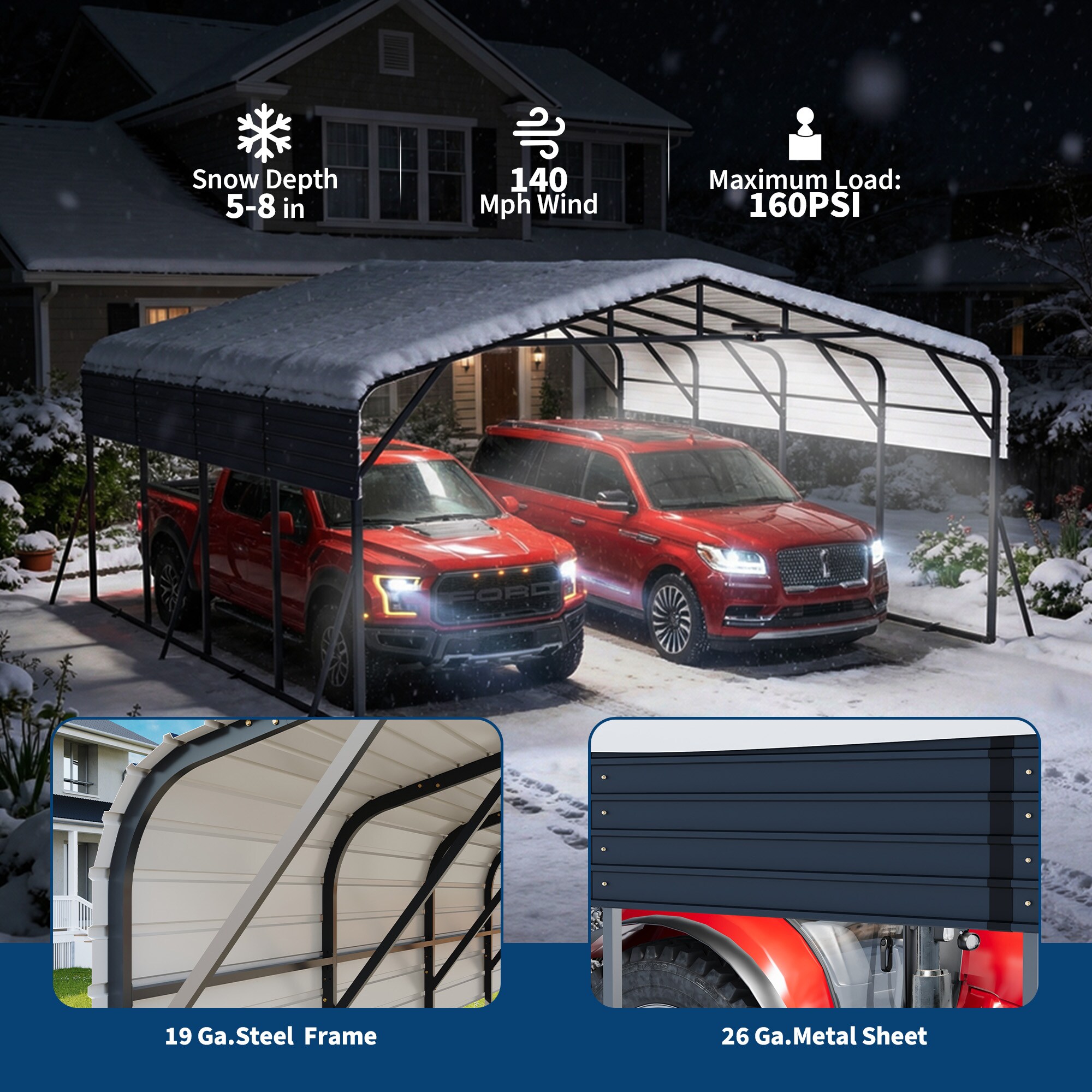 Garvee Heavy Duty 20x20 FT Galvanized Steel Carport with Metal Roof and ...