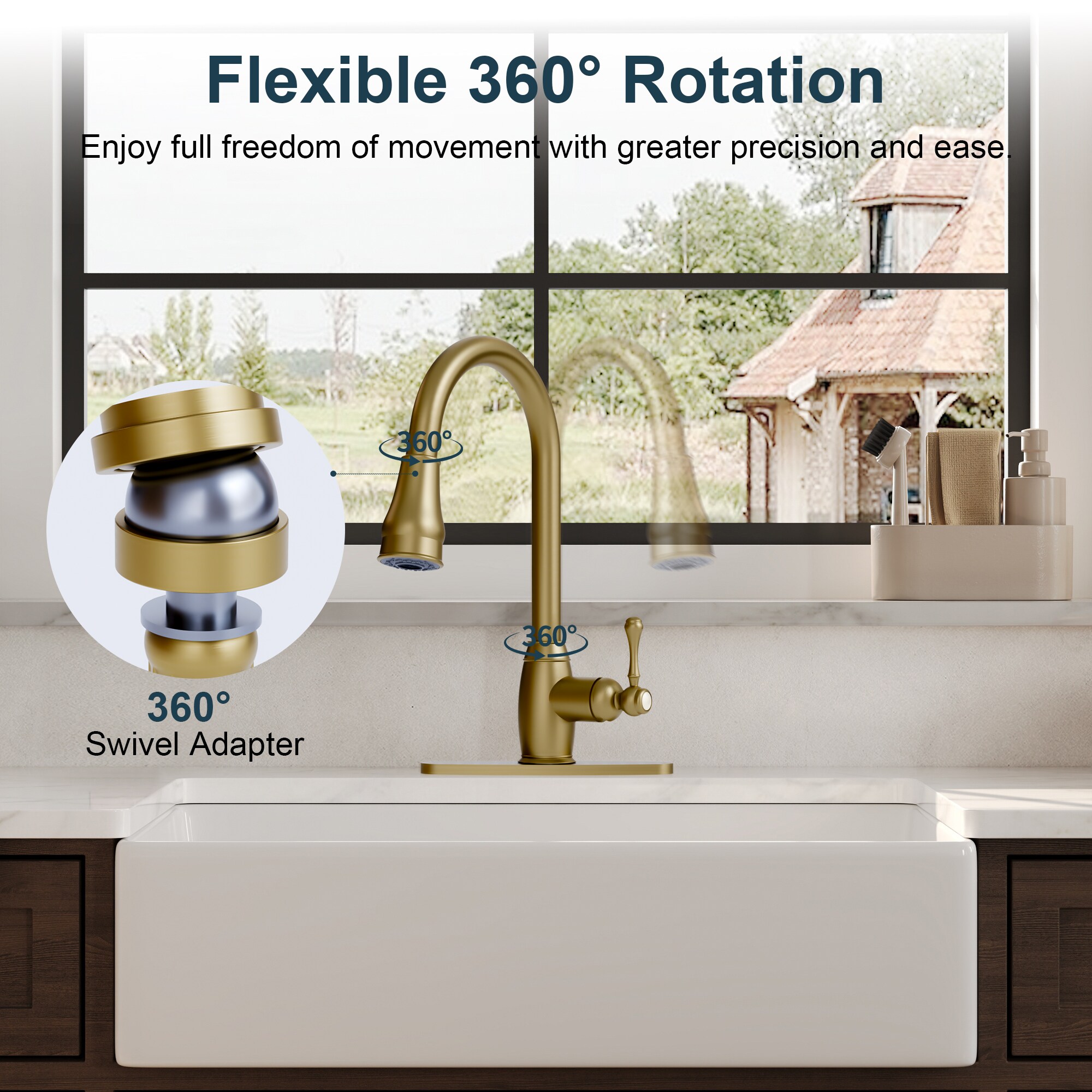 GRANDJOY Brushed Gold Single Handle Kitchen Faucet 1.8GPM with Pull ...