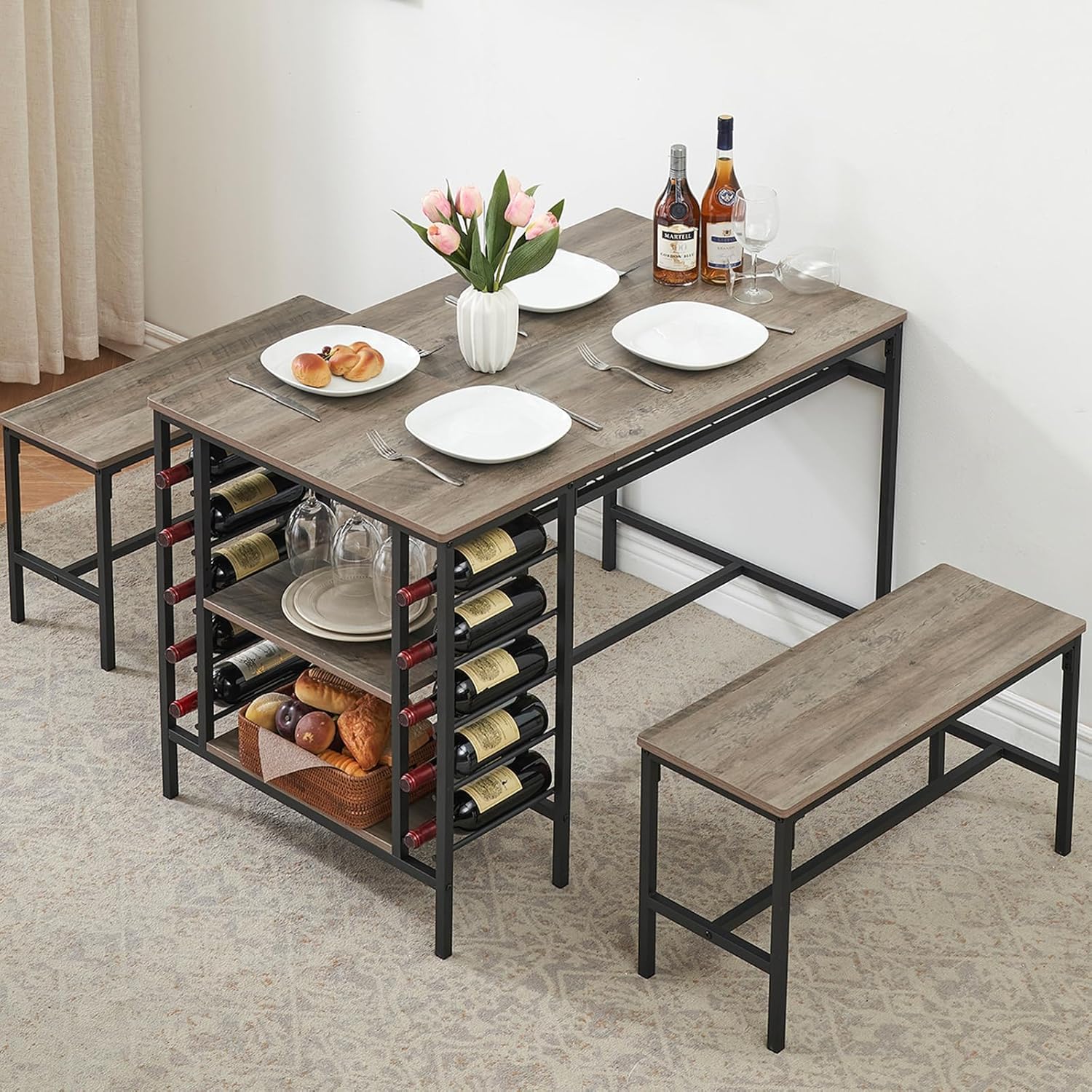 Garvee 4 Piece Dining Table Set with 2 Benches Wine Rack and Storage ...