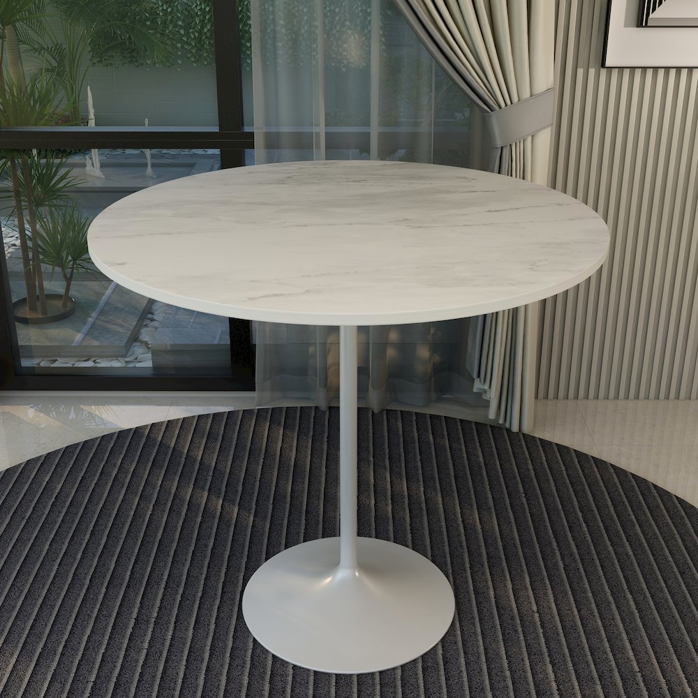 Leisuremod Bar Height Table White Base with 48 Round Marbleized White ...