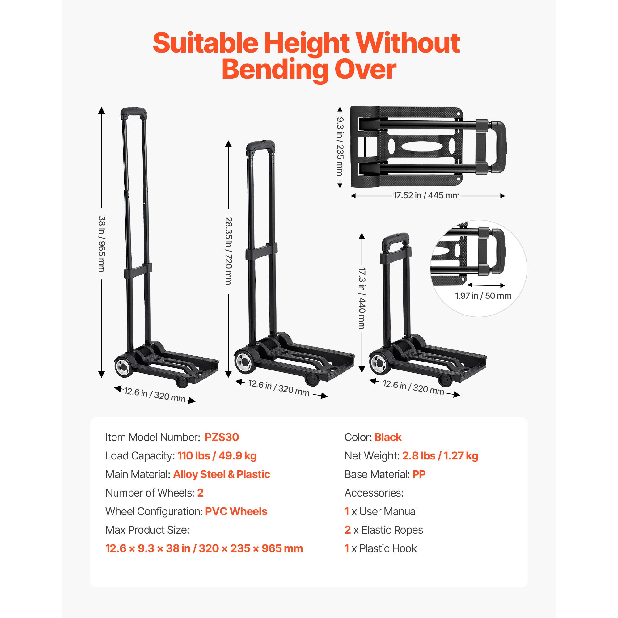 JUSHUA Folding Hand Truck 110 lbs Collapsible Luggage Cart with 2 ...