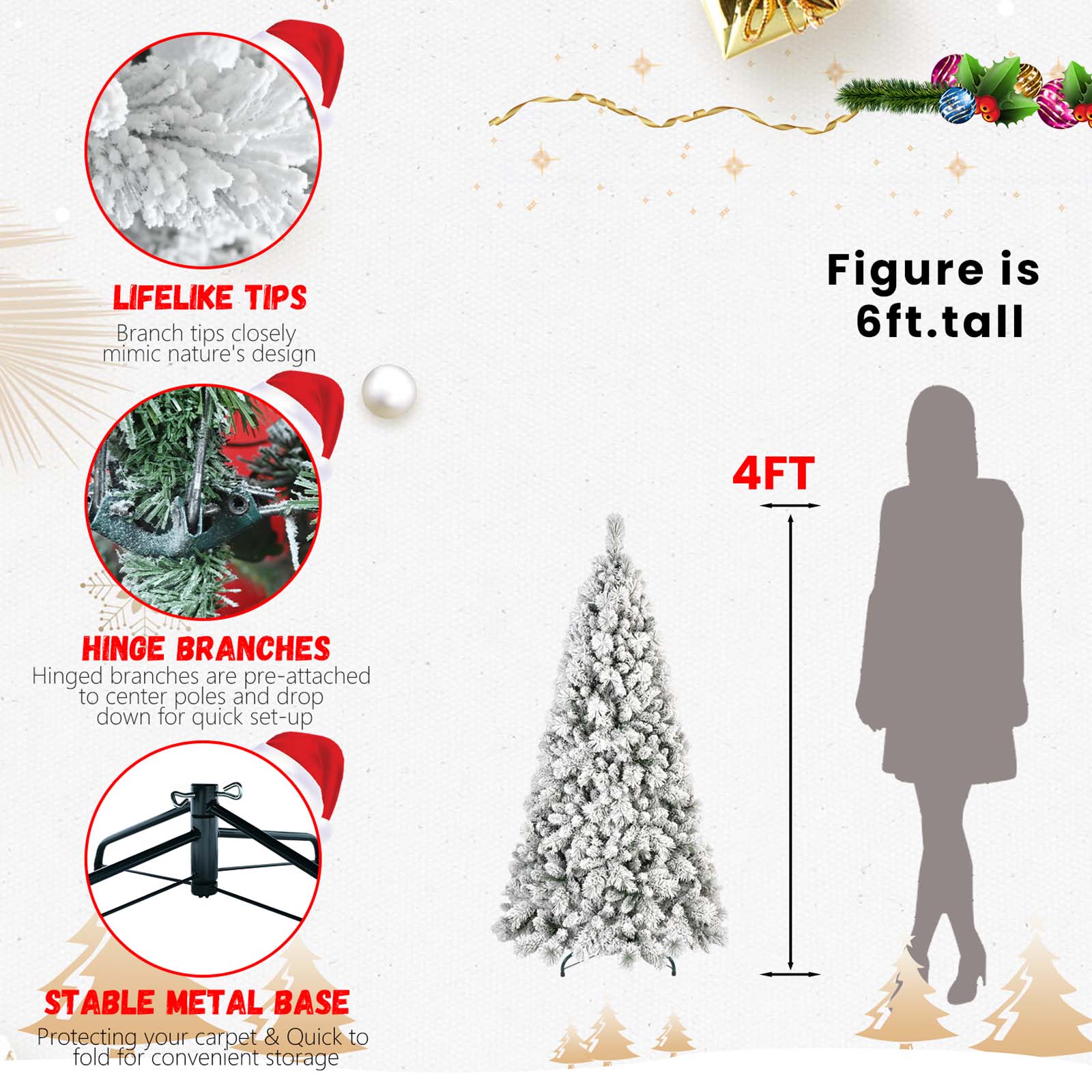 4FT Hinged Snowy Flocked Artificial Christmas Tree with 350 Snowy PVC ...