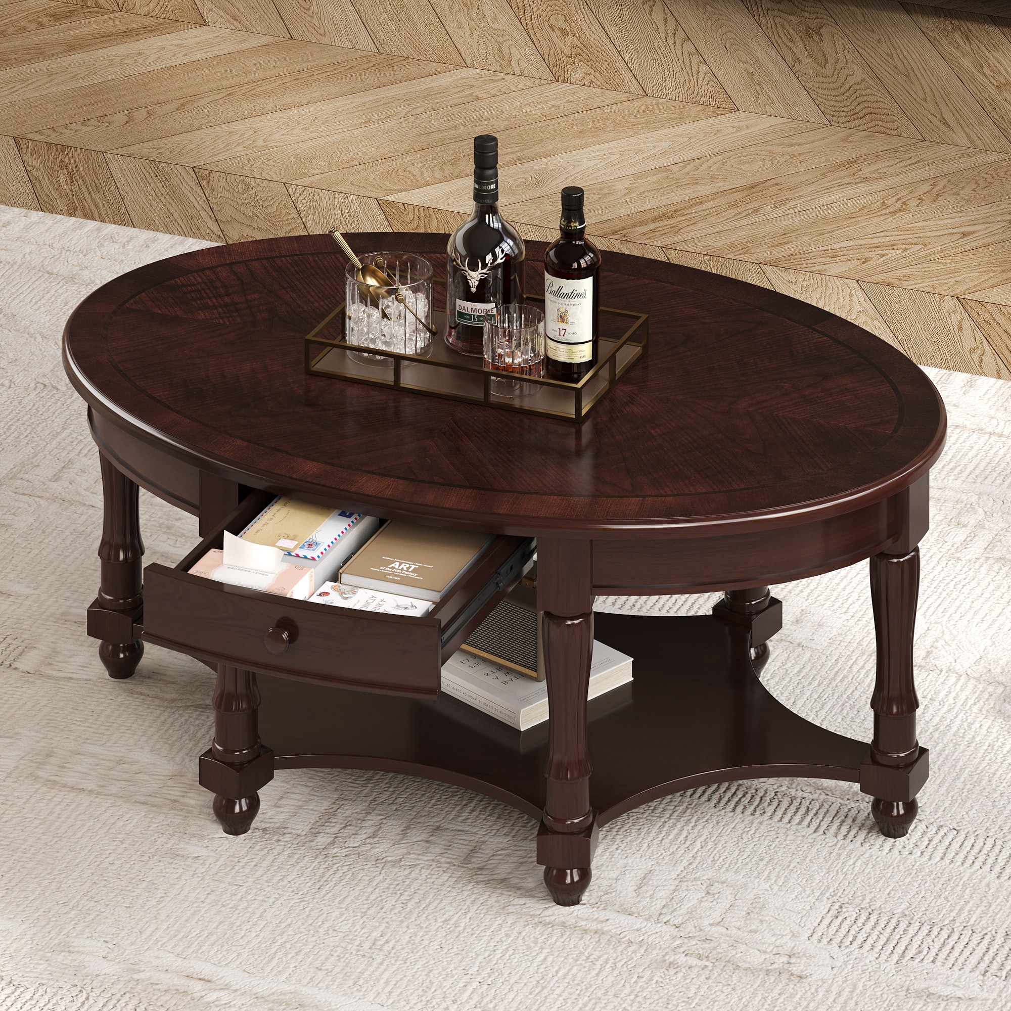 Qualler 45'' Vintage Oval Coffee Table Drawer Storage Shelf French ...