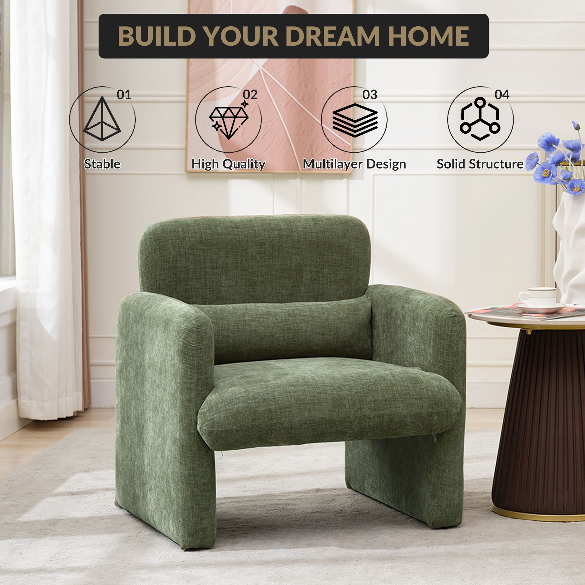IdealHouse Green Arms Lumbar Pillow Reading Chair Cozy Chenille Single ...