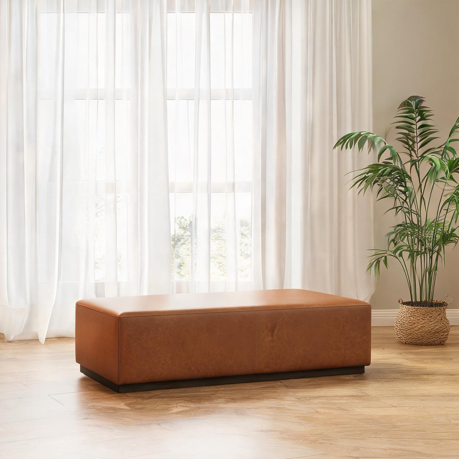 Watnature Large Rectangular wood-tone brown PU Leather Ottoman with ...