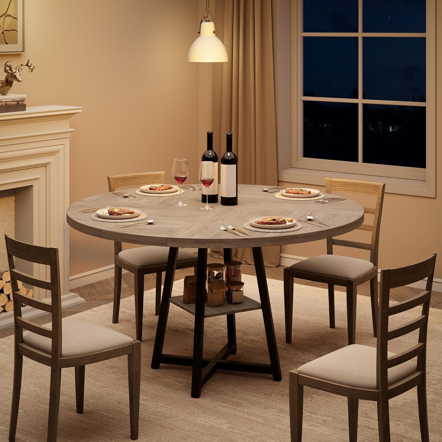 Qeetex Industrial Round Dining Table 47 Inch Kitchen Table Set for 4 to ...