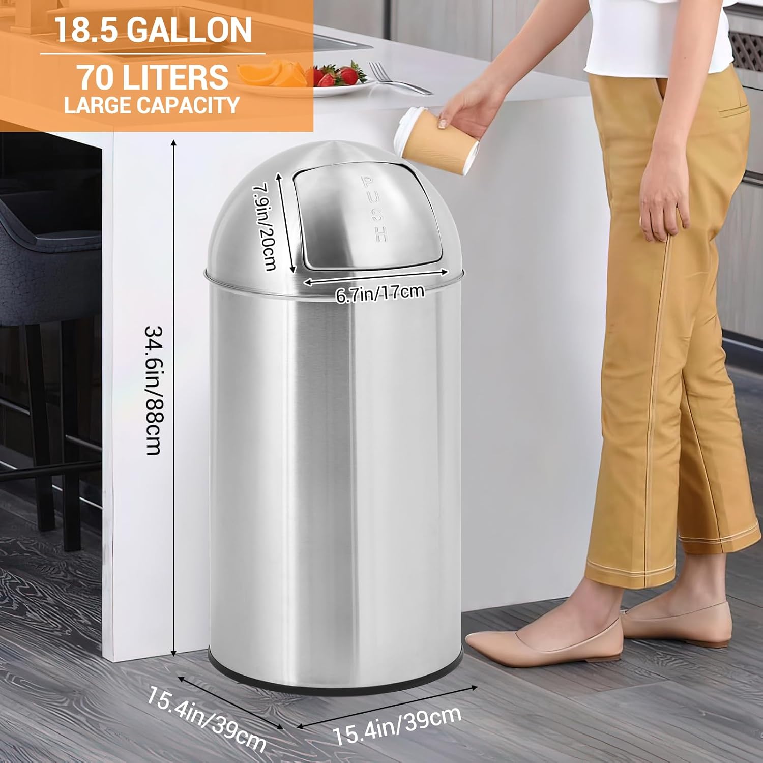 Garvee 18.5 gal/70 L Trash Can Garbage Can with Push Lid Heavy Duty ...