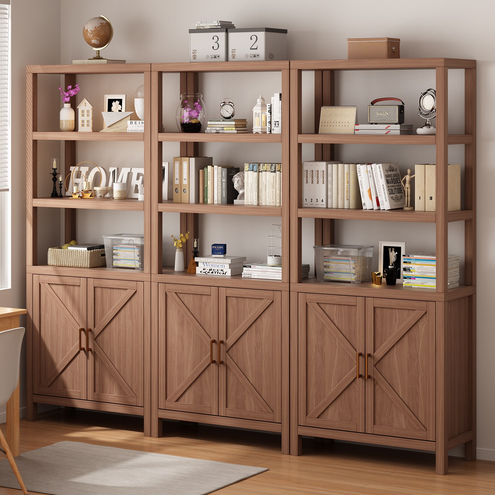 Assile 5-Tier Rustic Oak Wood Bookcase with Adjustable Shelf and ...