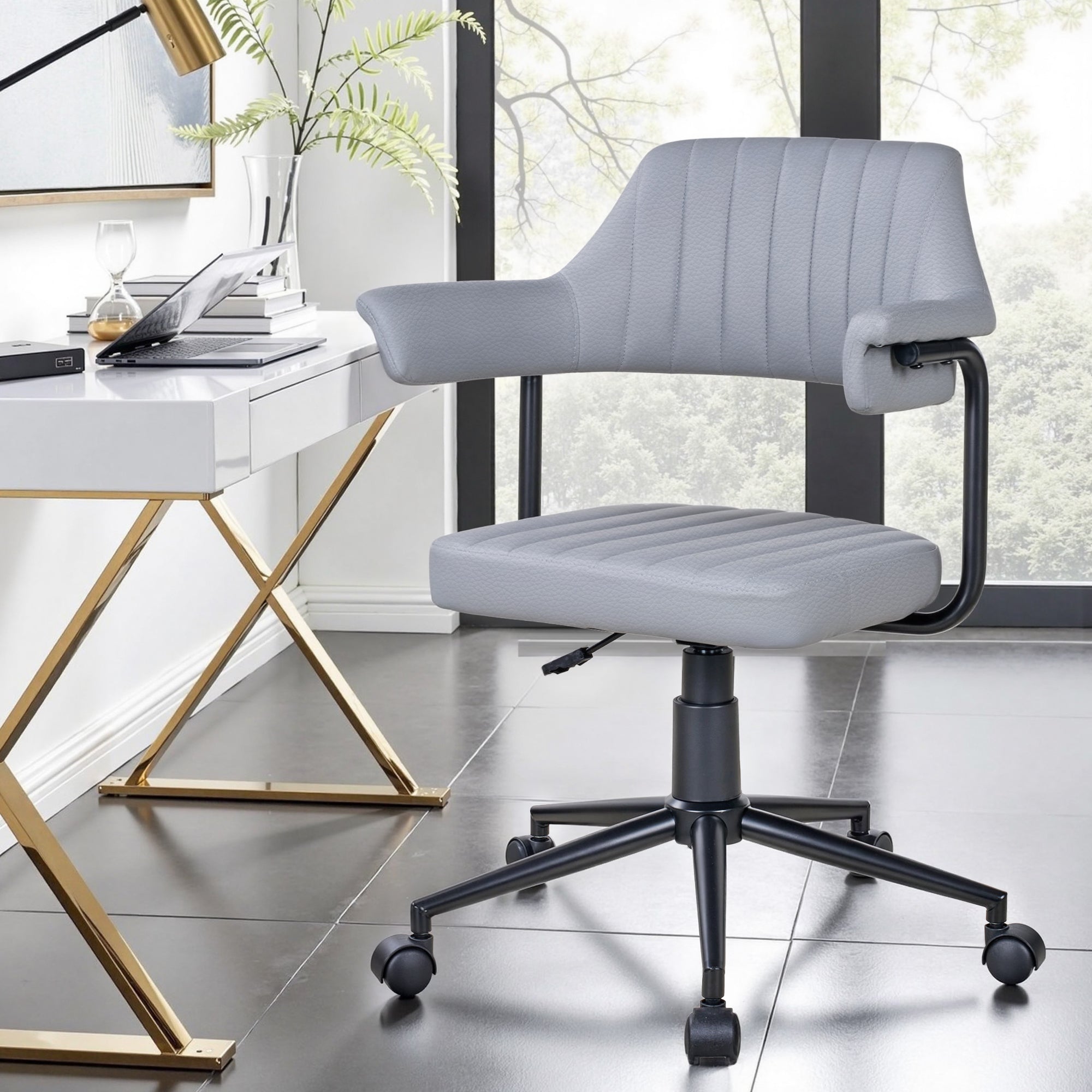 Vecelo PU Leather Home Office Desk Chairs with Wheels Back Adjustable ...