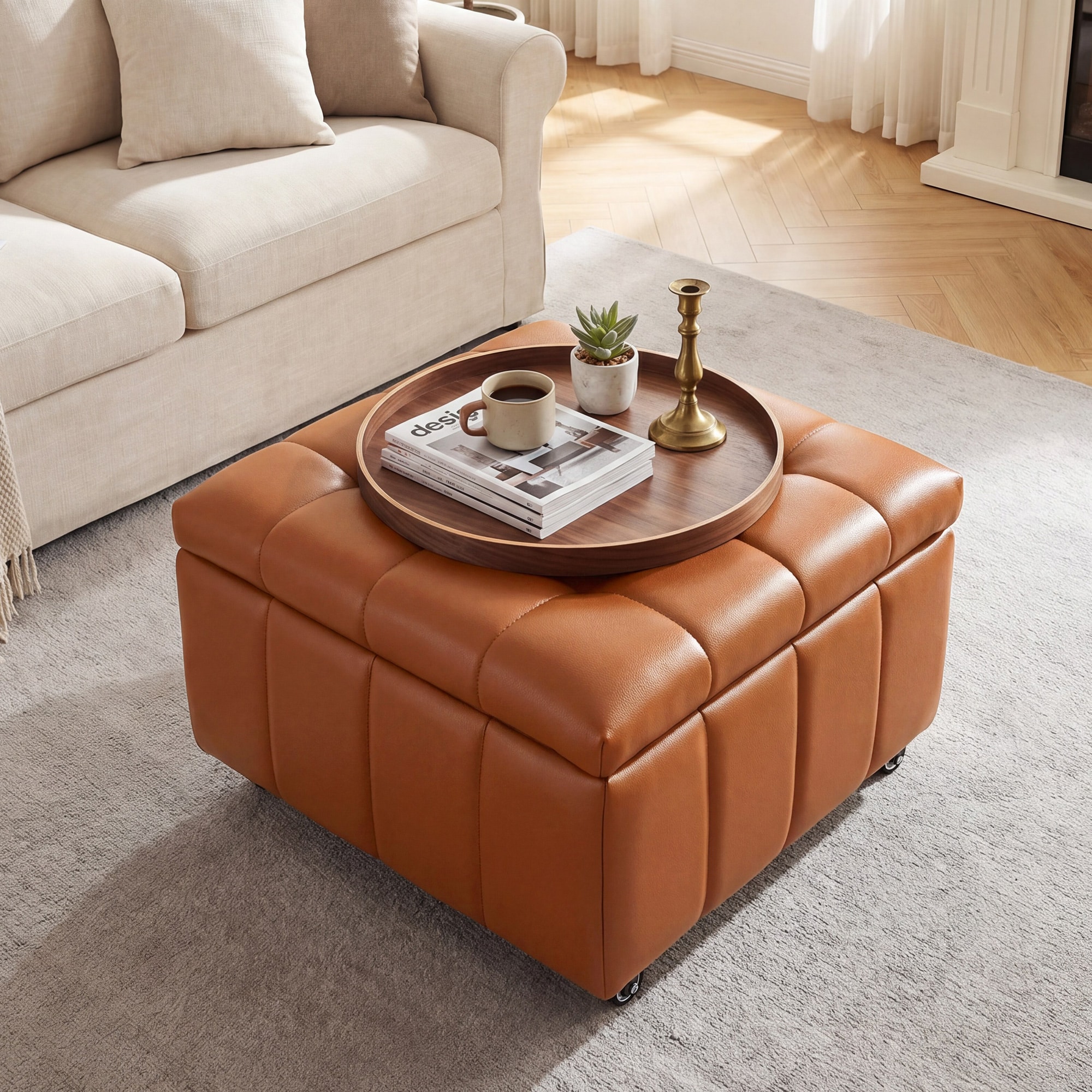 Czpalo Modern Orange Faux leather Storage Ottoman with Lock Wheels in ...