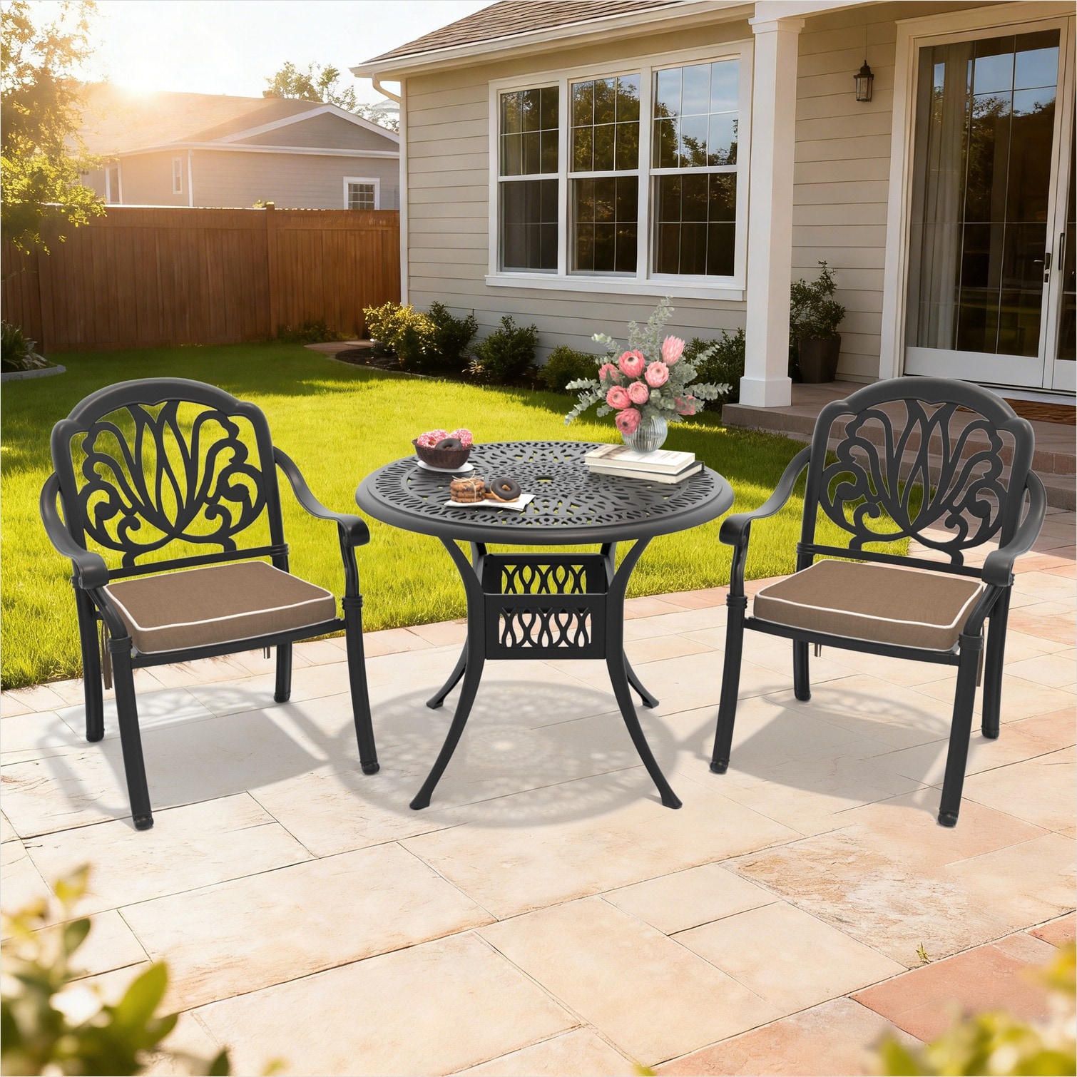 SunJet Jet Black Aluminum 3-Piece Outdoor Dining Set with Brown ...