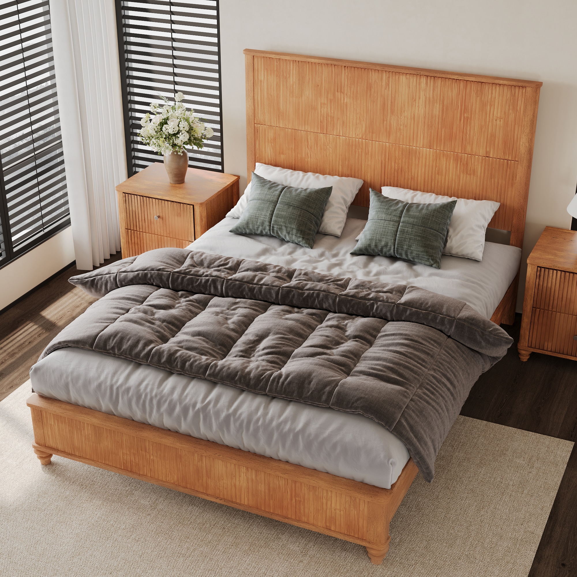 GDFStudio Solid Wood Bed Frame Queen Platform Bed Frame with Headboard ...