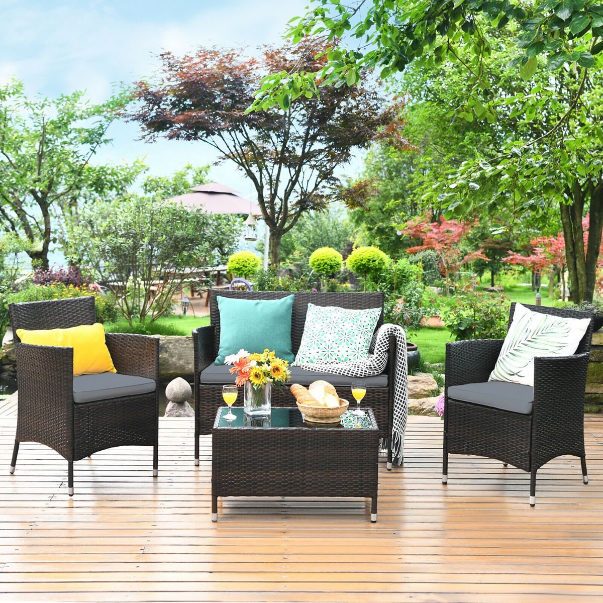 Costway 4PCS Rattan Patio Furniture Set Cushioned Sofa Chair Coffee ...