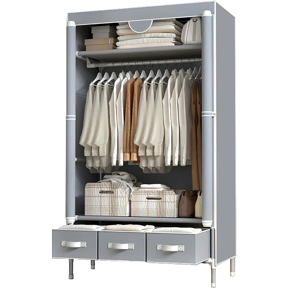 ROSMENA Portable Clothes Closet Rolling Door Wardrobe with Hanging Rack ...