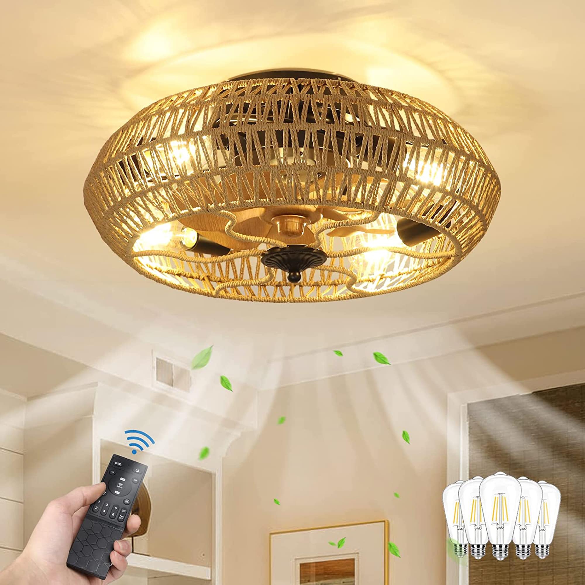 Bybafun 20-in Black + Brown with ABS Blades Flush Mount Fandelier ...