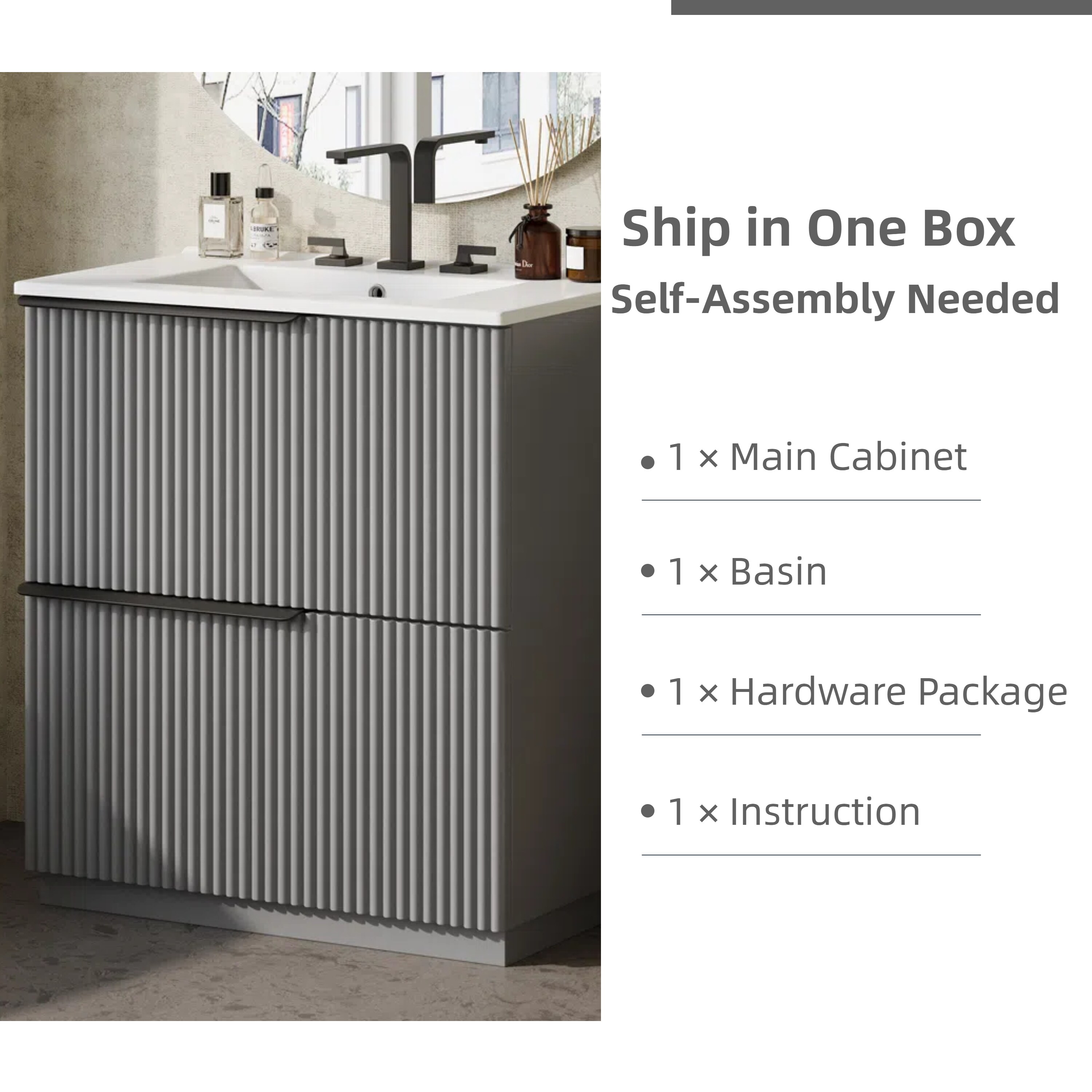 Wooakway 30 In Gray Freestanding Fluted Bathroom Vanity with Ceramic ...