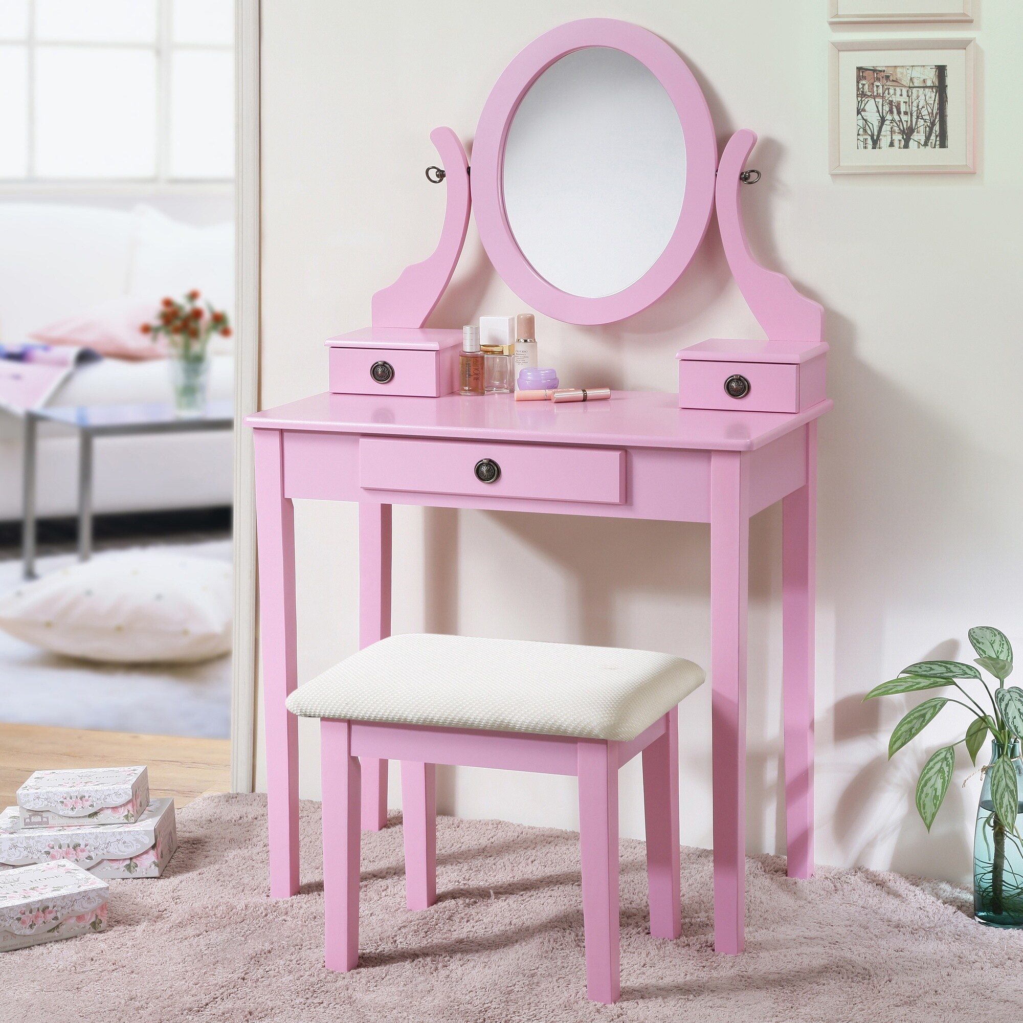 HyperDrop Cart Moniys Wood Makeup Vanity Table and Stool Set/ Playful ...