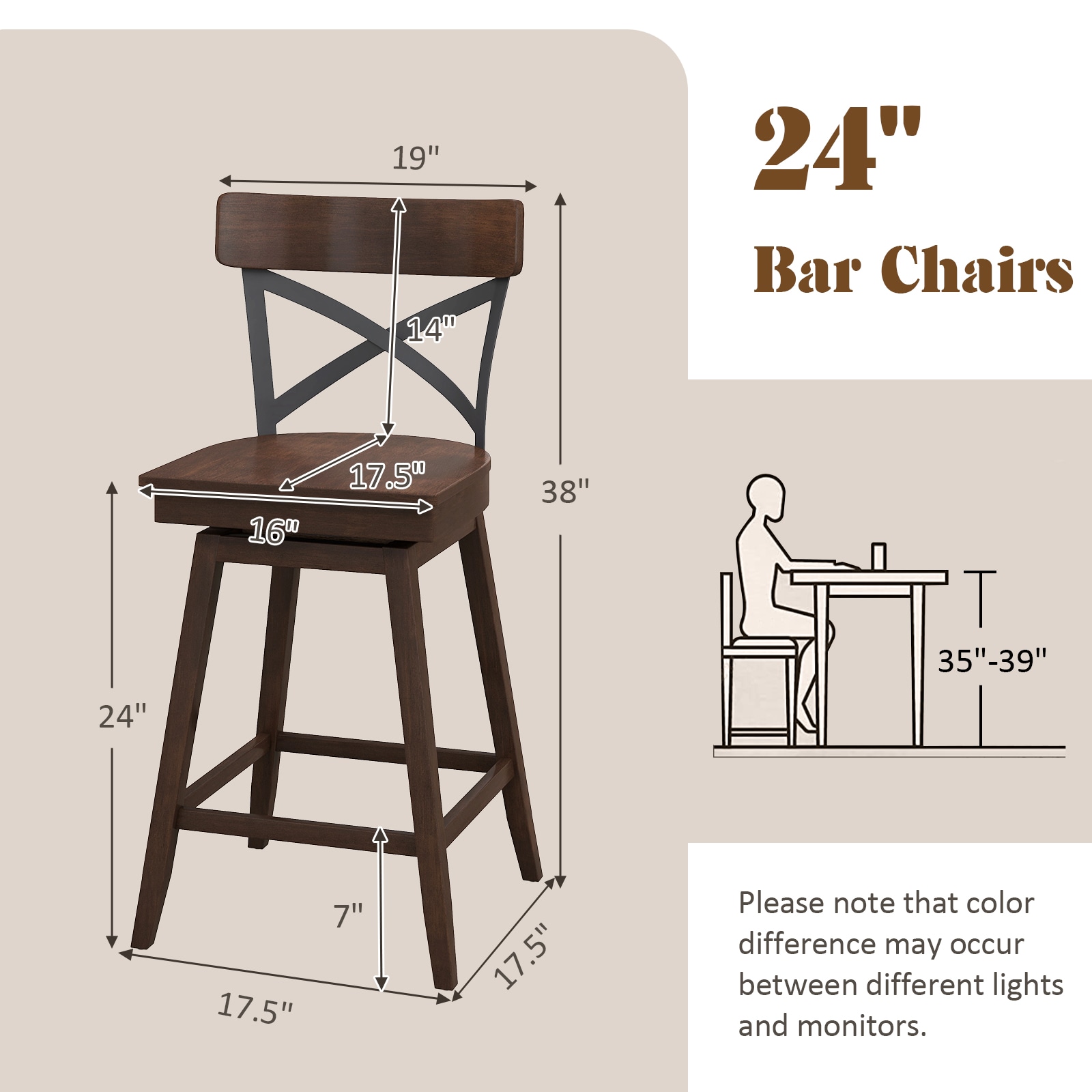 Volenca Set of 2 Wooden Swivel Bar Stools Open X Back Metal Frame 24-in ...