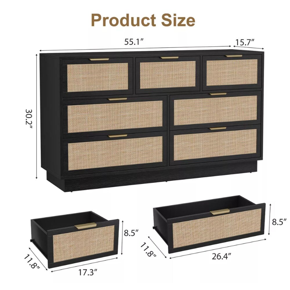 Garvee Black 55 Inch Wide Rattan Dresser With 7 Drawers Metal Handles ...